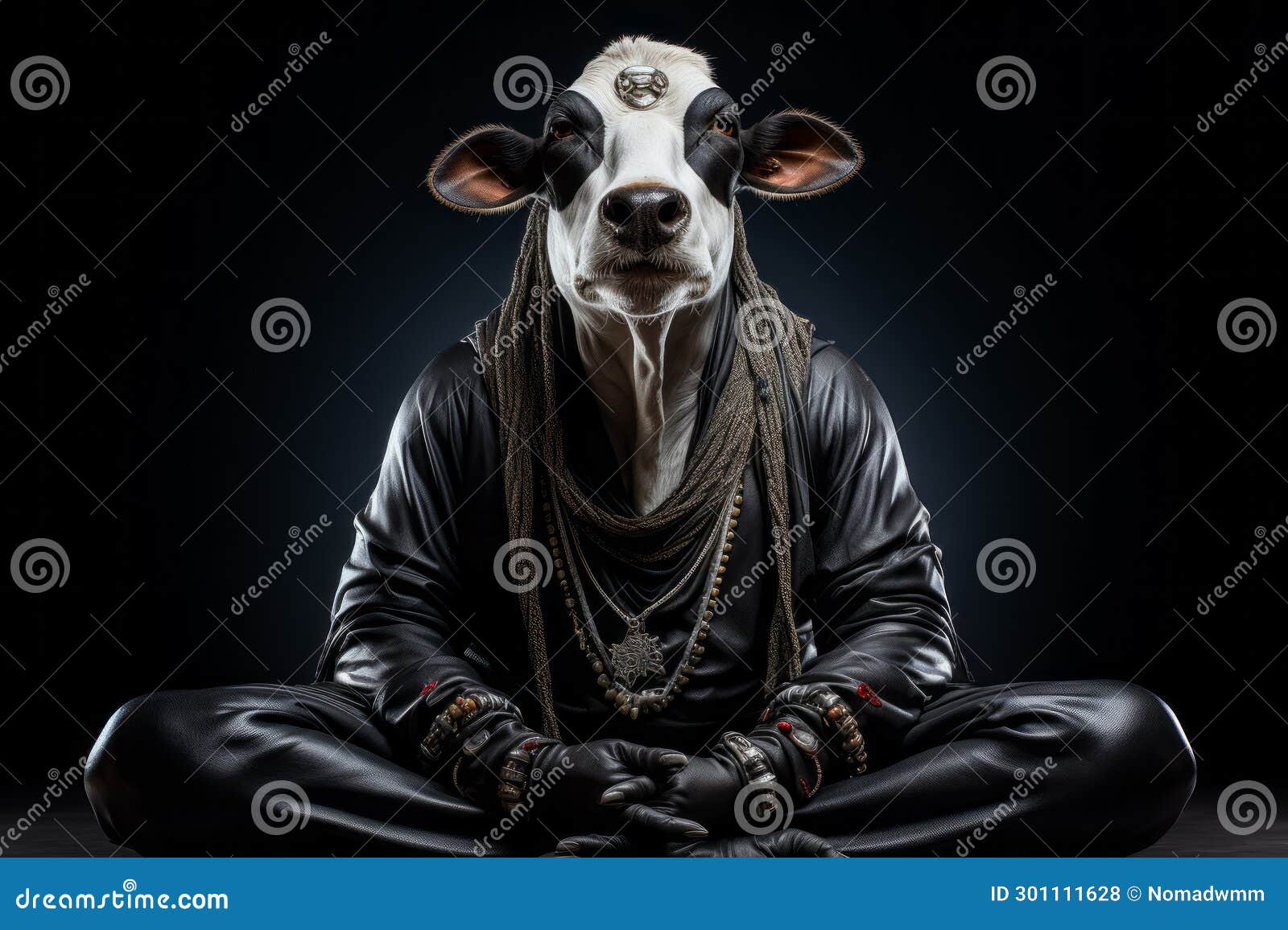 Meditating Cow in Black Clothes and a Brown Scarf Stock Photo - Image ...
