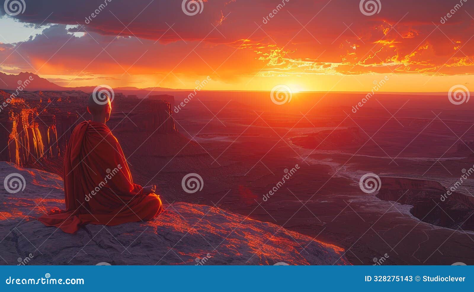 Meditating Monk at Sunset Over Canyon - Generative Ai Stock ...
