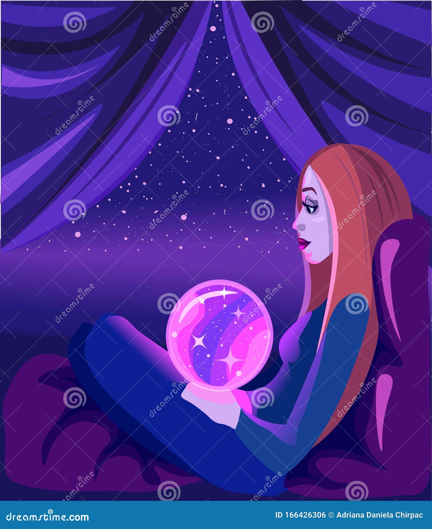 Meditating Witch Under the Starry Sky Looking into the Crystal Ball ...