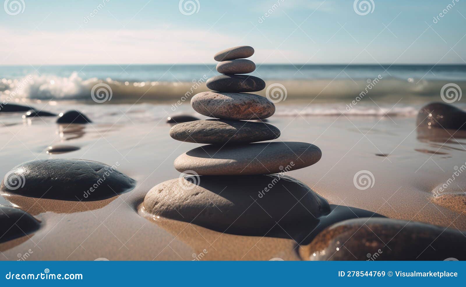 Meditation Stones Stacked on a Tranquil Beach Stock Illustration ...