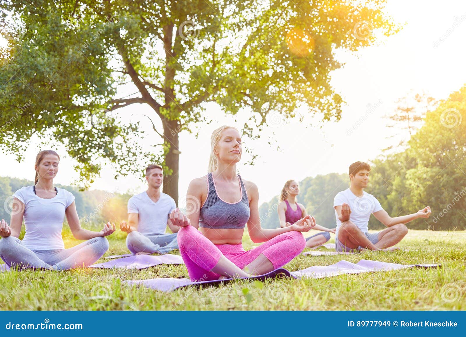 Meditation in Yoga Group in Summer Stock Image - Image of group, class ...