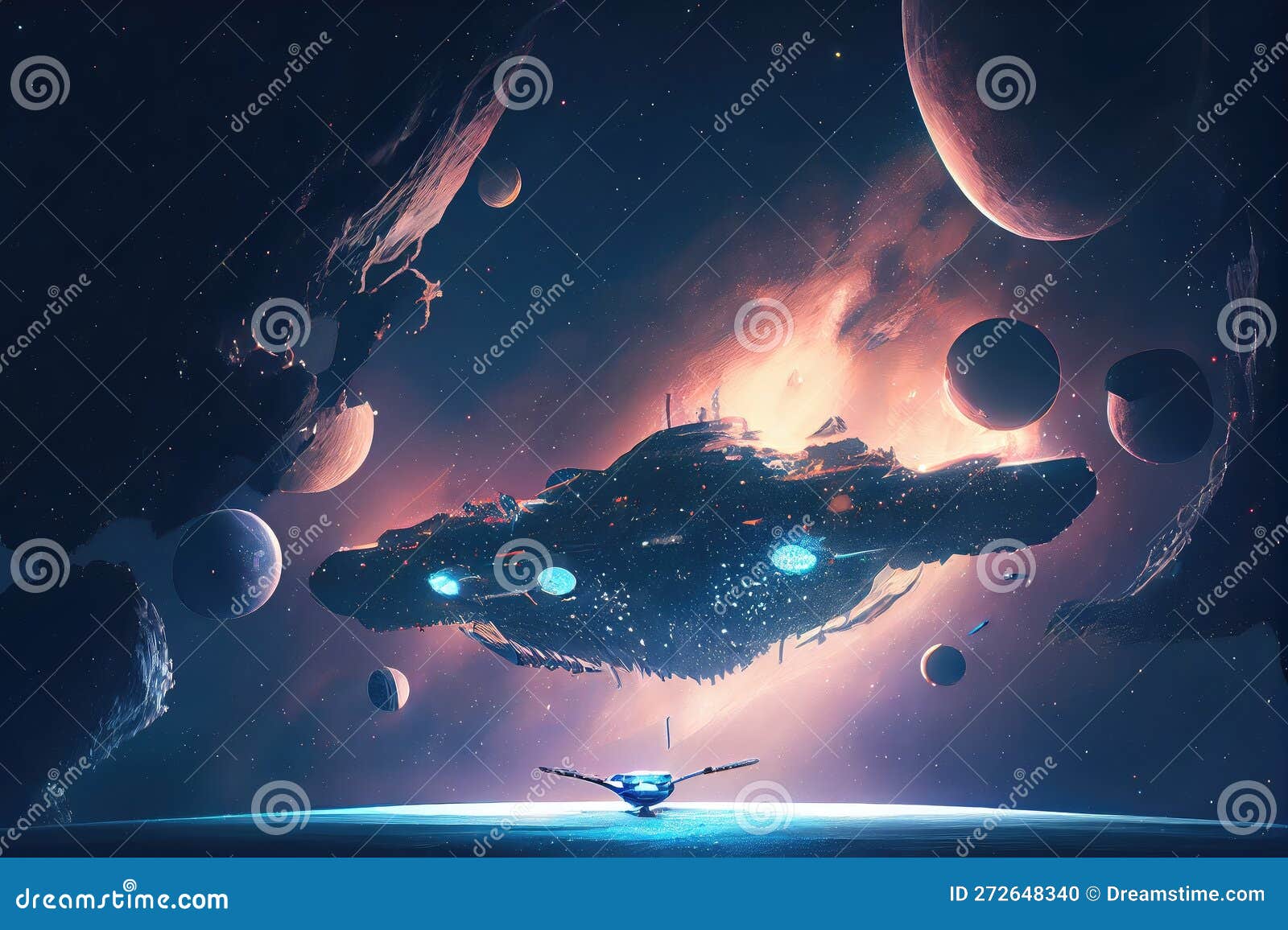 Meditative Scene of Spaceship Floating through Endless Starry Void with ...