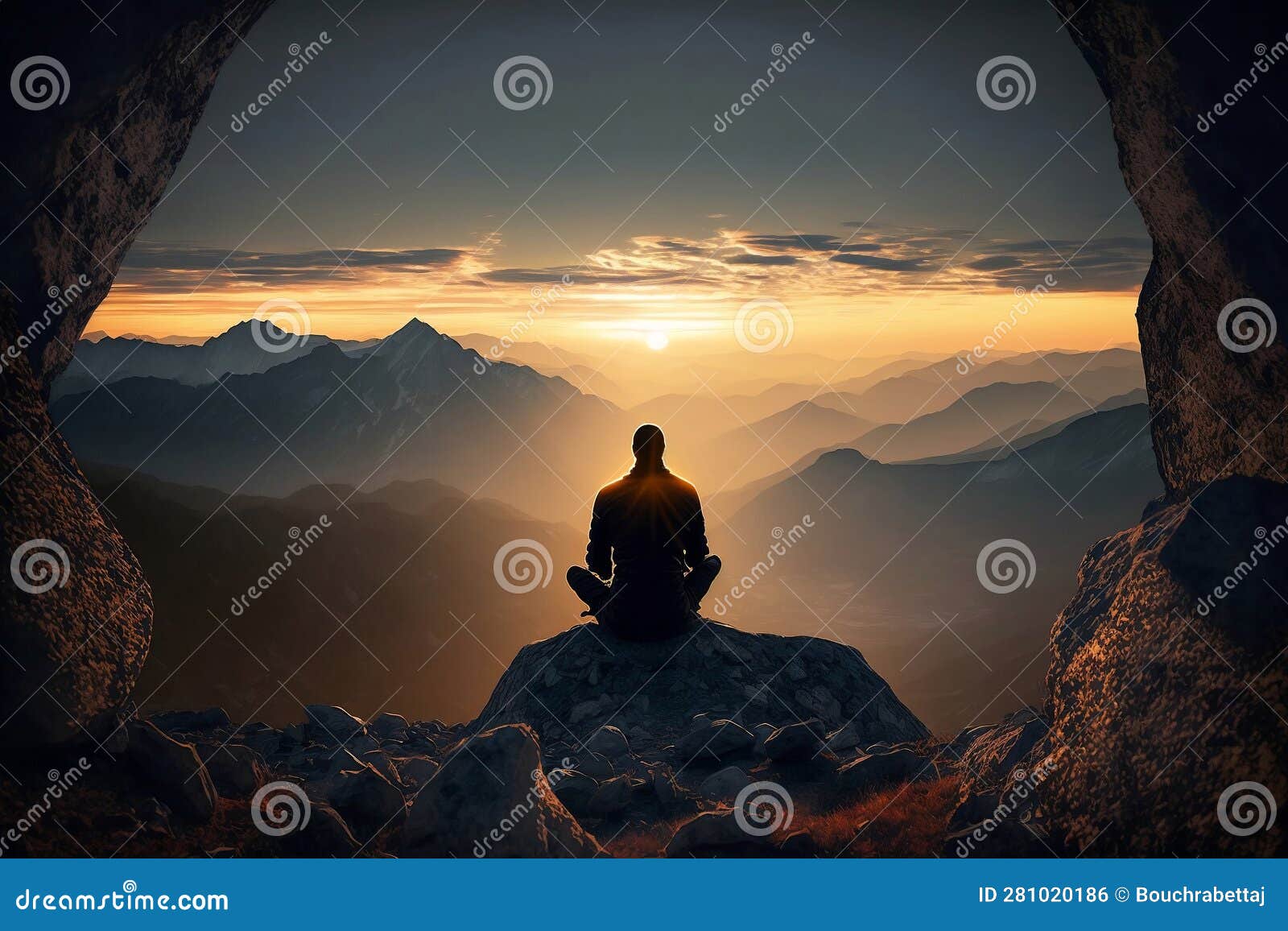 Meditator at Sunset in the Mountains, Meditator Relaxing at Sunset in ...