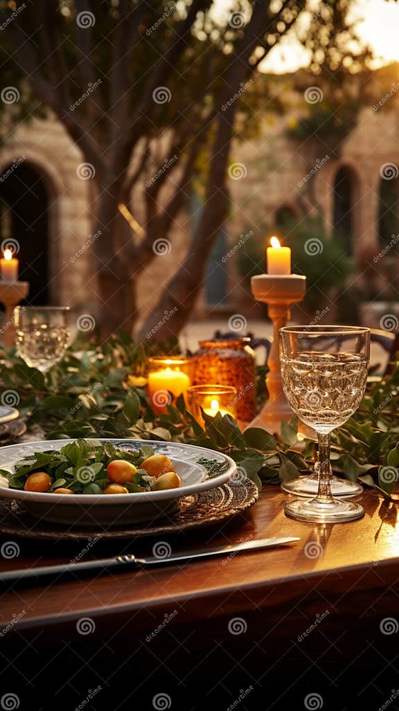 A Mediterranean Dining Experience Dinner Table Set Outdoors in a ...