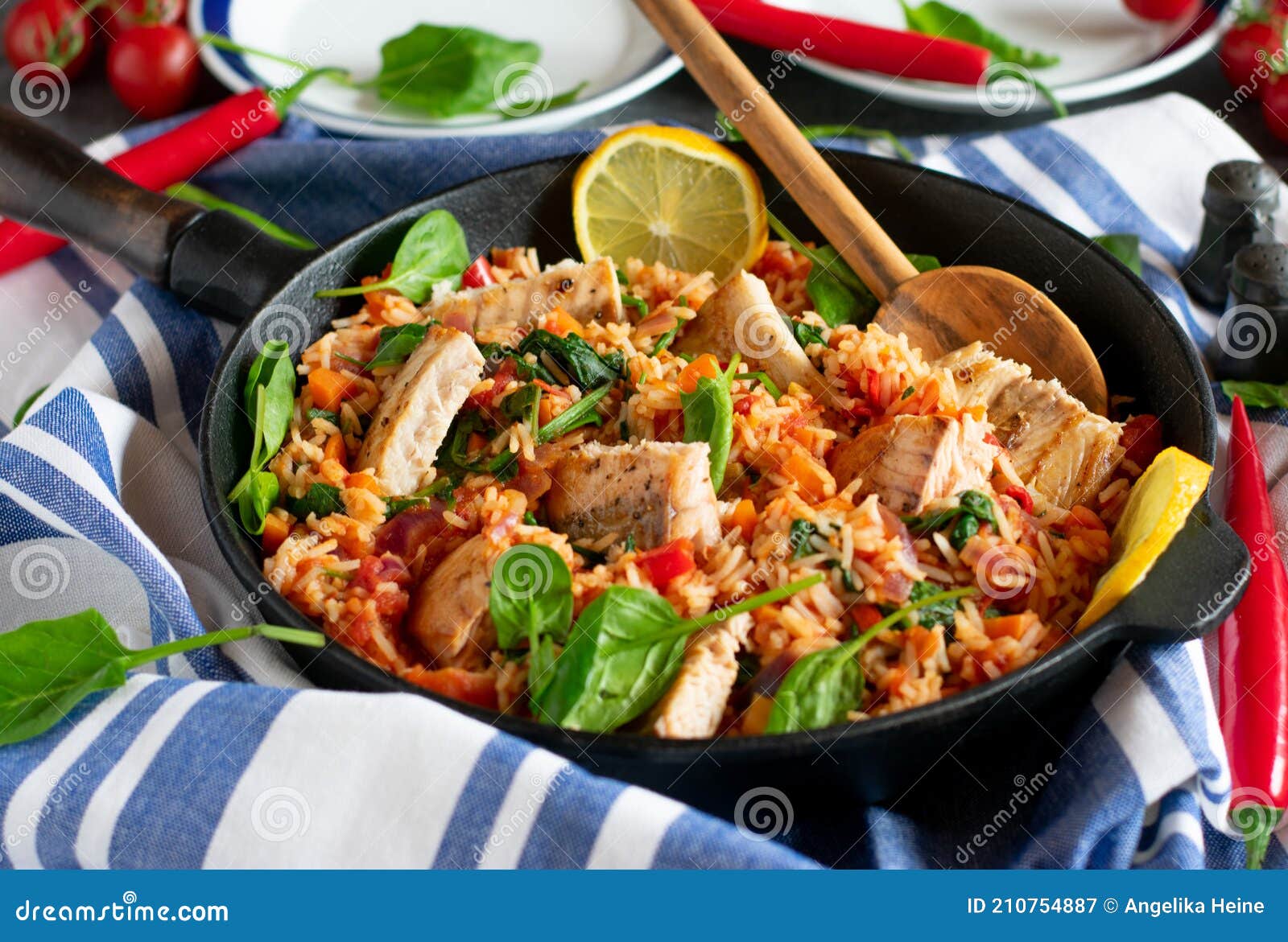 Mediterranean Fish with Rice and Vegetables Stock Image - Image of ...