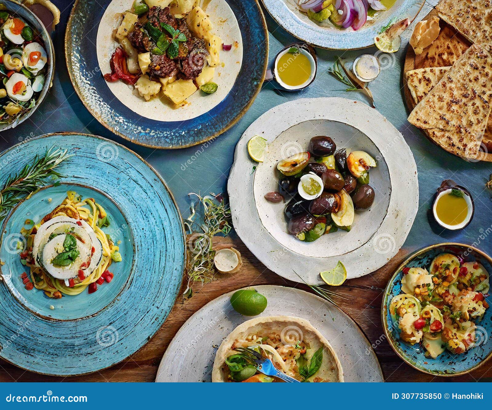 Mediterranean, Food. Flat Lay of Table Setting with Variety of ...