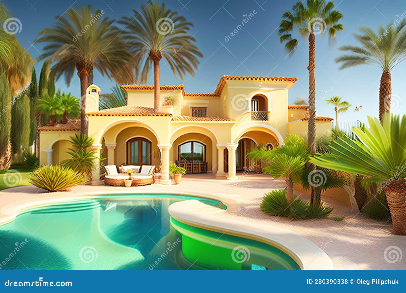 Mediterranean Green Villa with Palm Trees and Pool, Ai Generated Stock ...