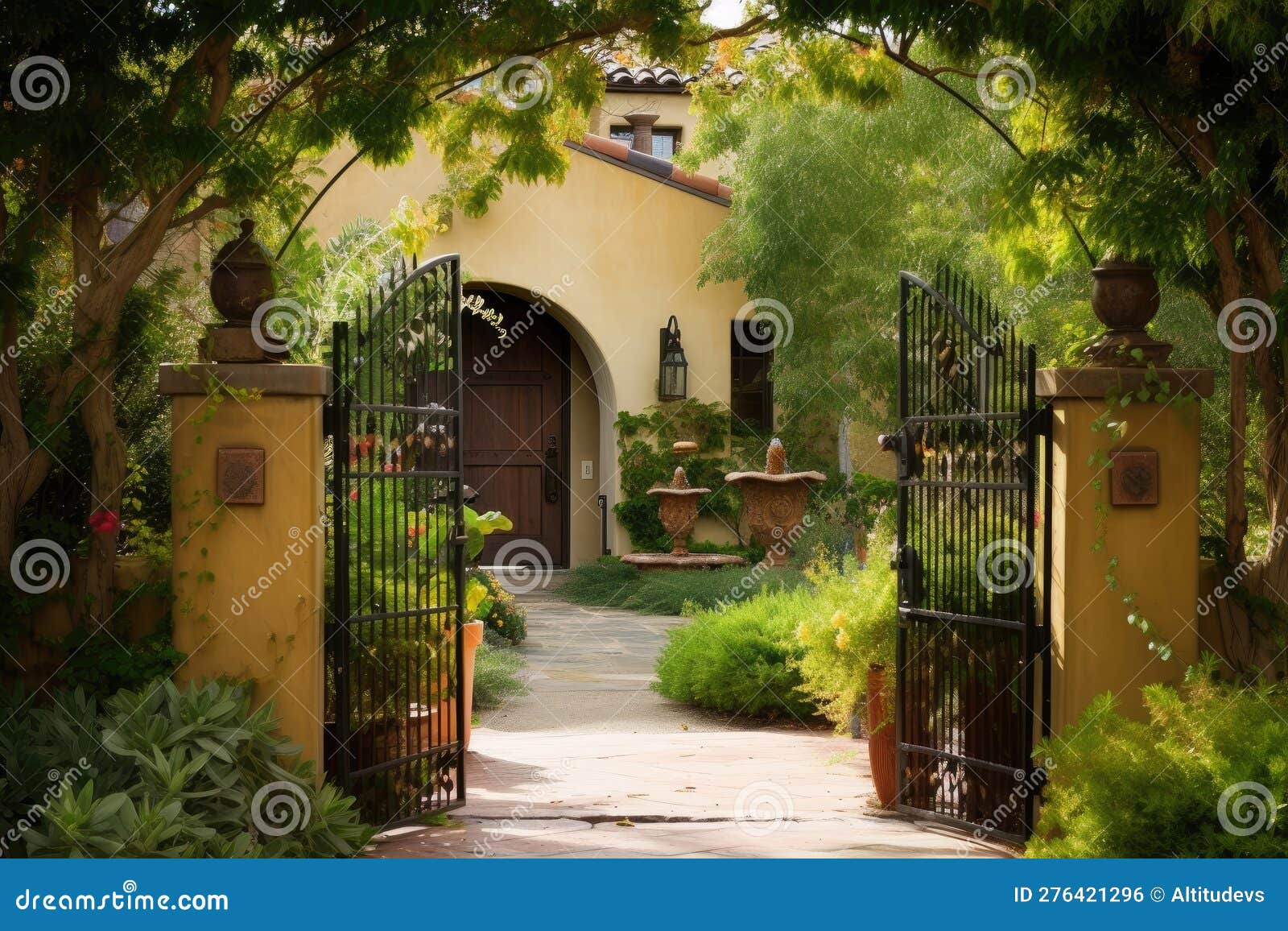 Mediterranean House with Arched Entry Gate, Lanterns and Lush Greenery ...