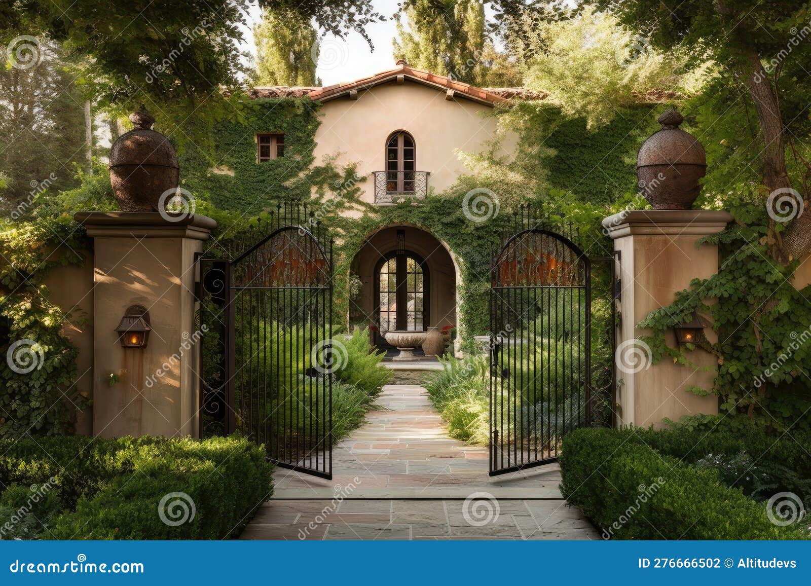 Mediterranean House with Arched Entry Gate, Lanterns and Lush Greenery ...