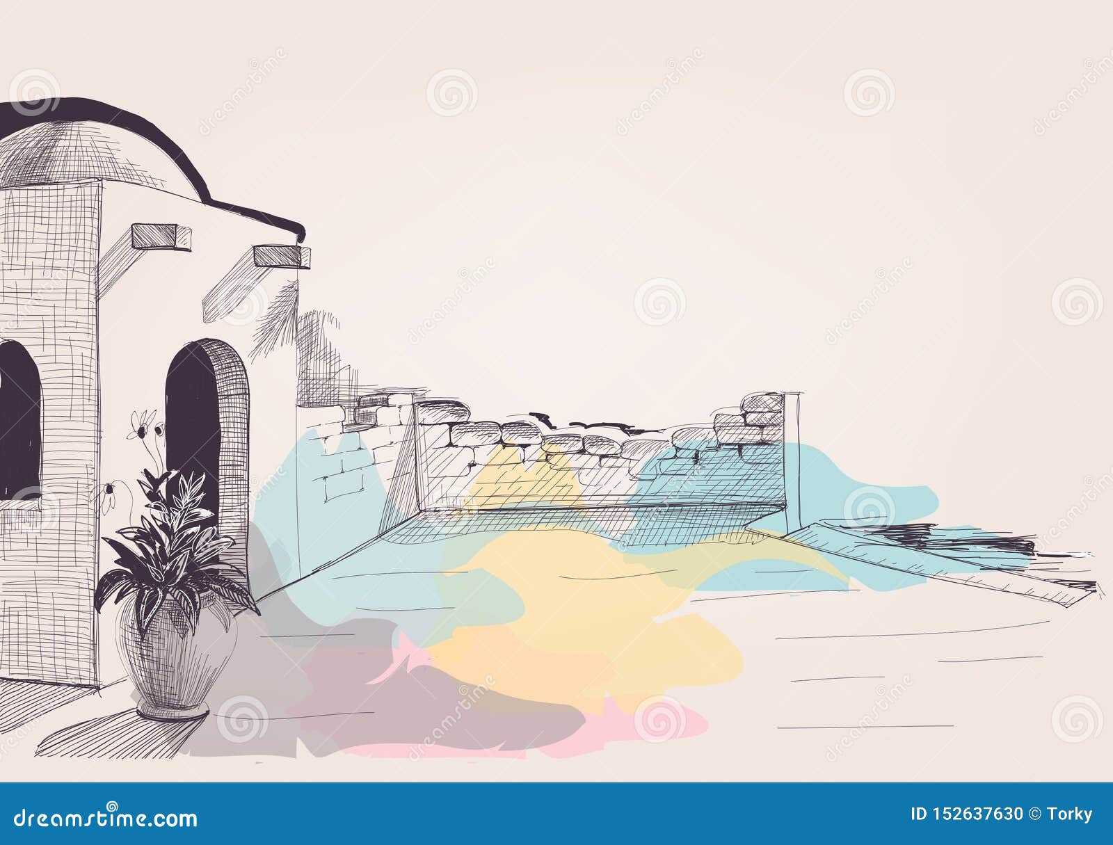 Mediterranean House Terrace on the Beach Sketch Stock Vector ...
