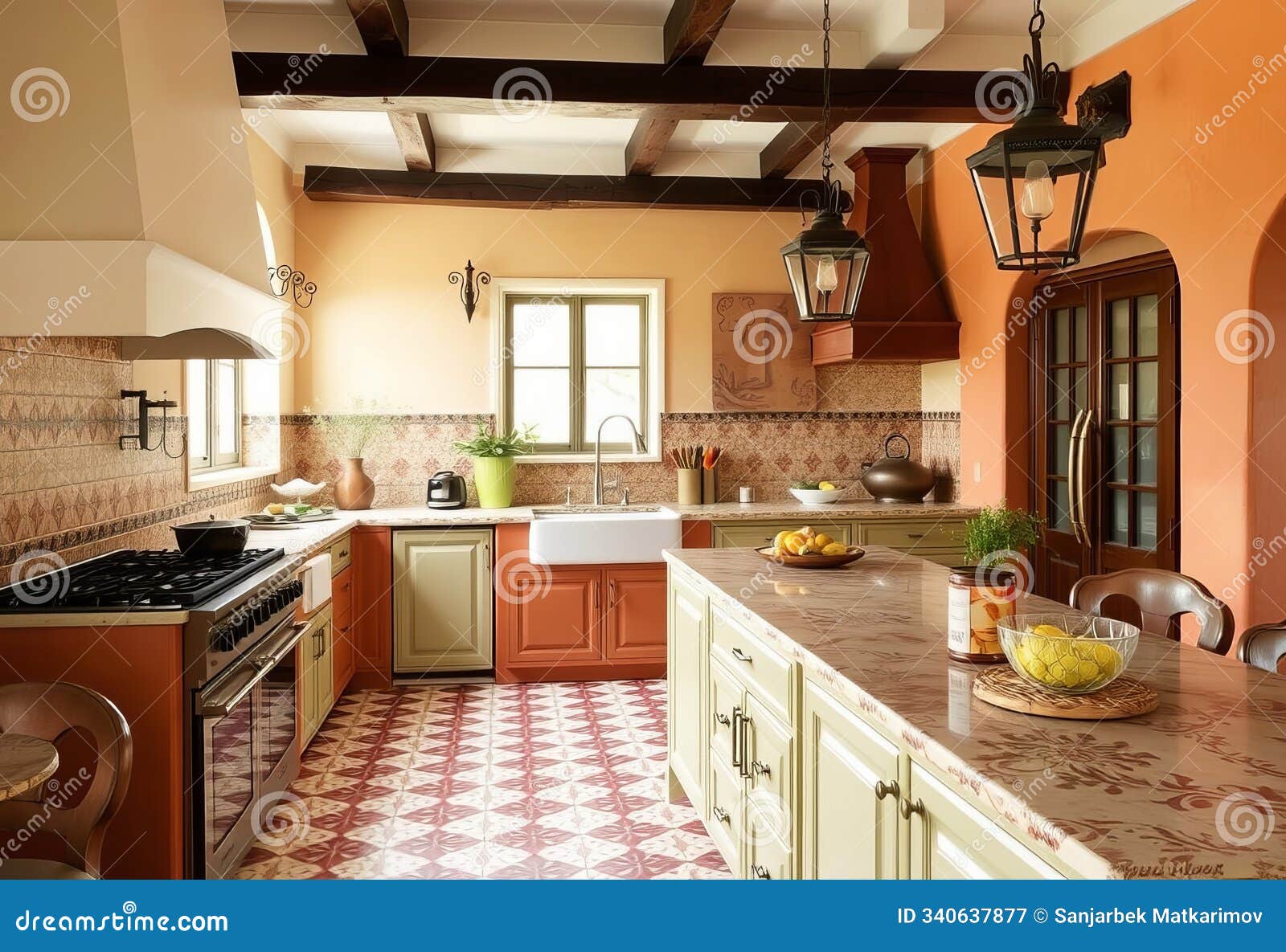 Mediterranean Inspired Kitchen Bold Tile Patterns Terra Cotta Co Stock ...