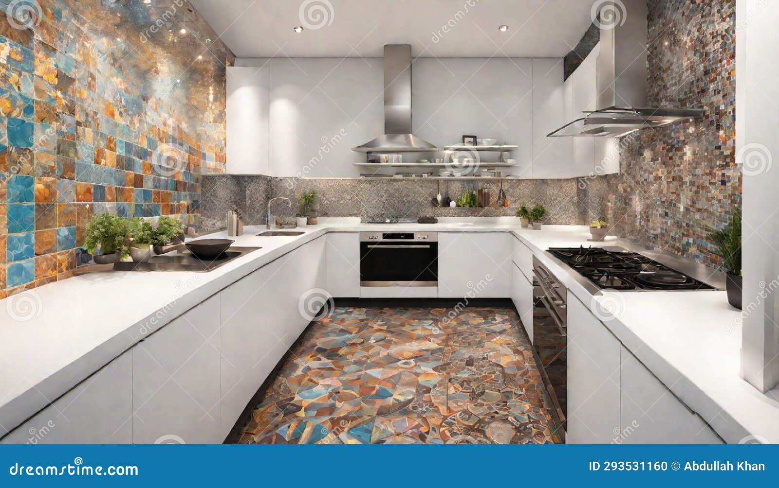 A Mediterranean-inspired Kitchen with Neon Lights Accentuating Mosaic ...