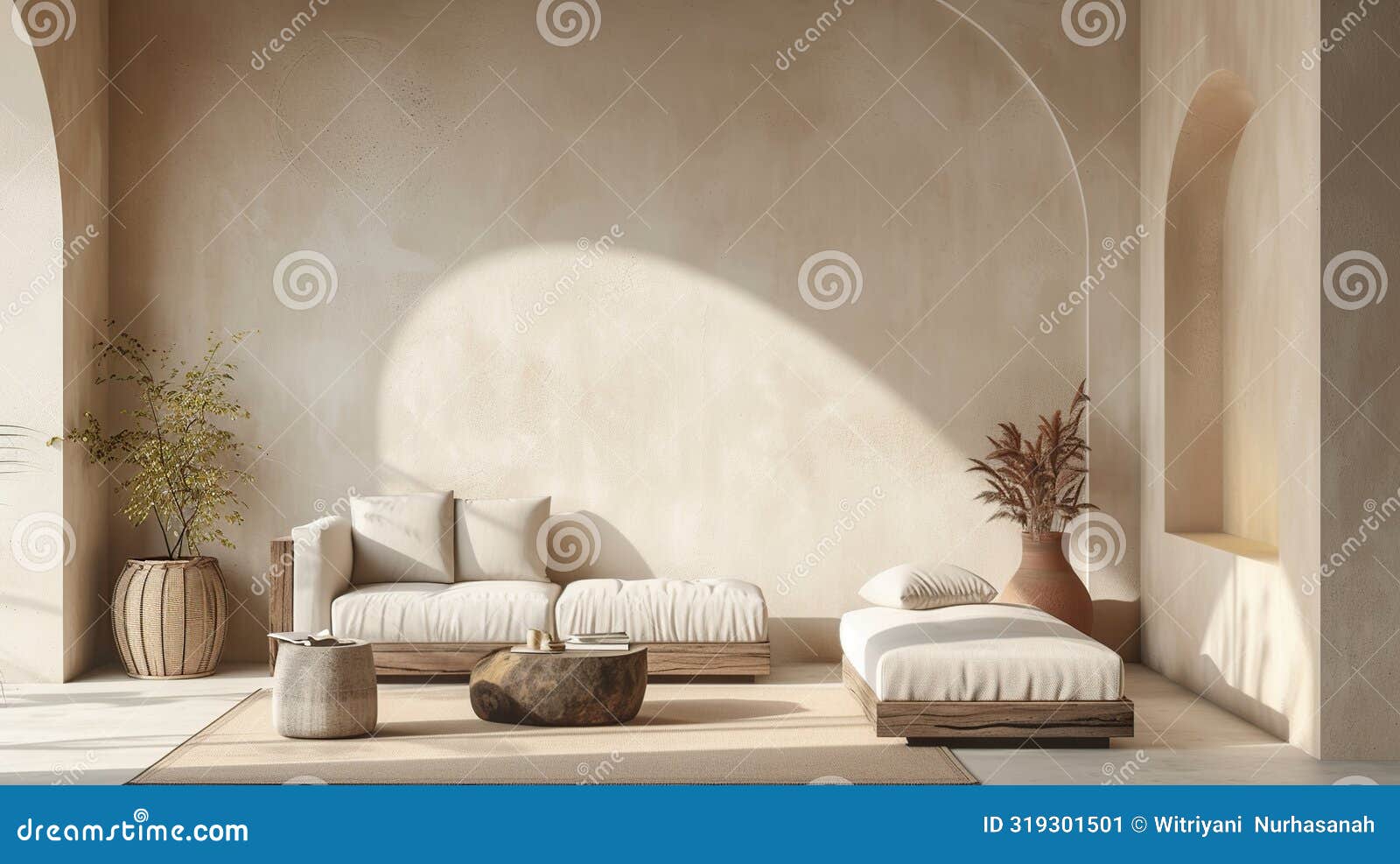 Mediterranean Interior Design Of Modern Living Room With Beige Sofa And ...