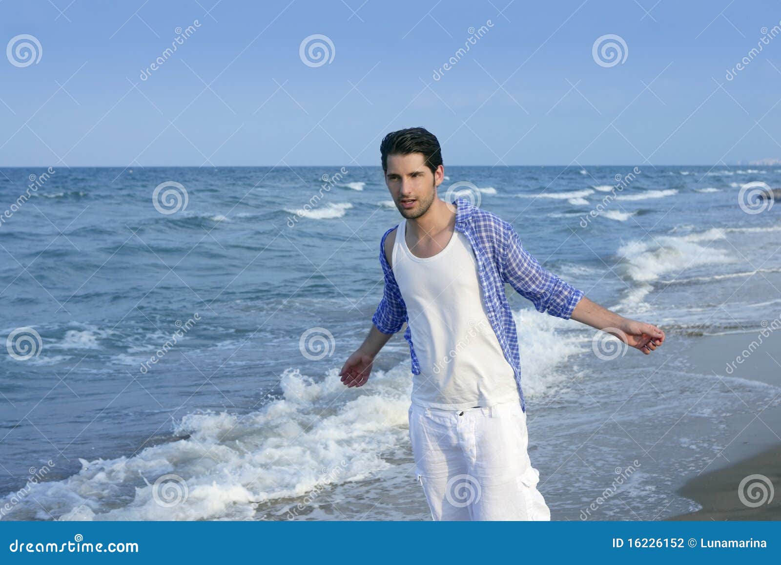 Mediterranean Latin Young Man on Beach Stock Photo - Image of handsome ...