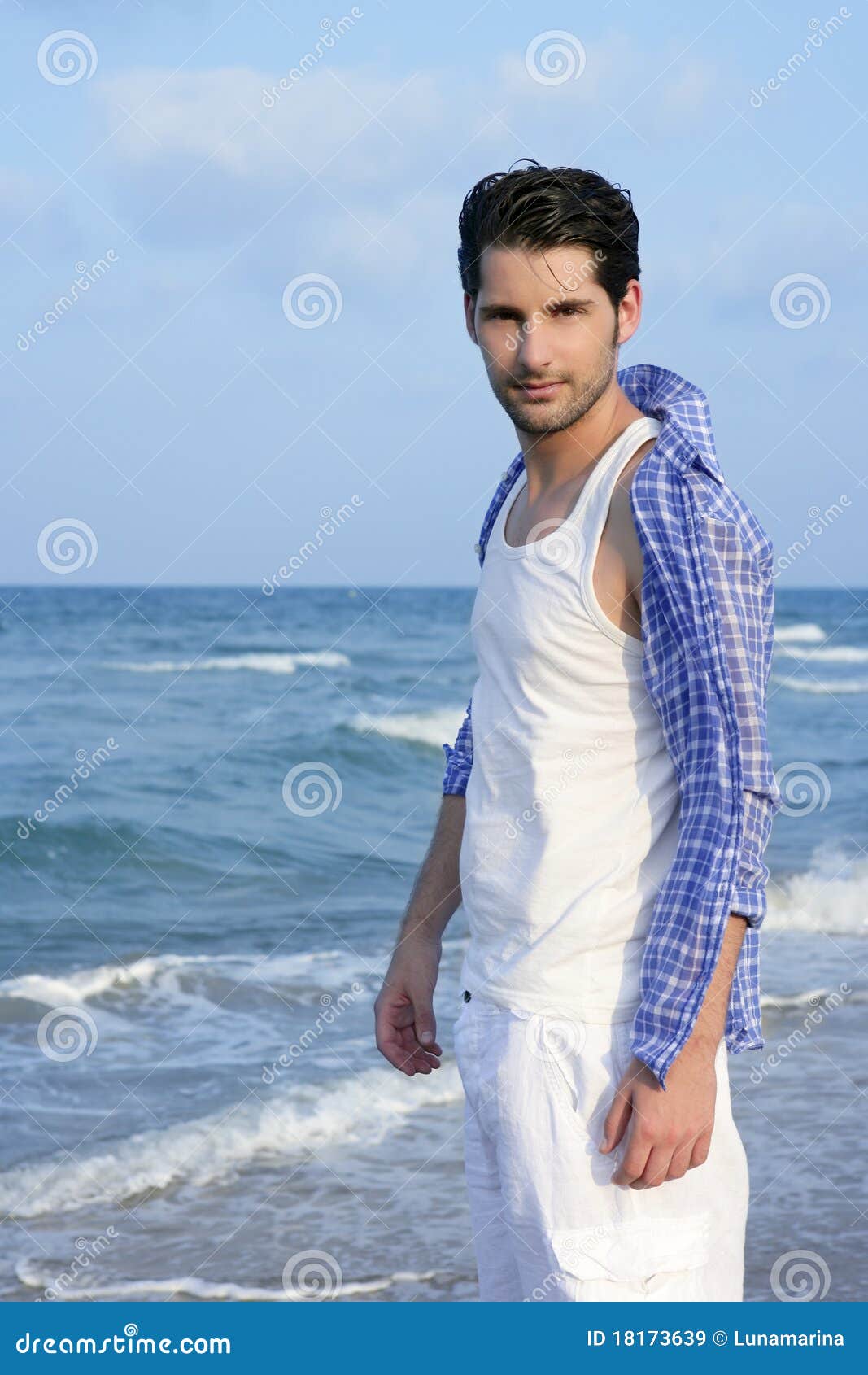 Mediterranean Latin Young Man on Beach Stock Image - Image of caucasian ...