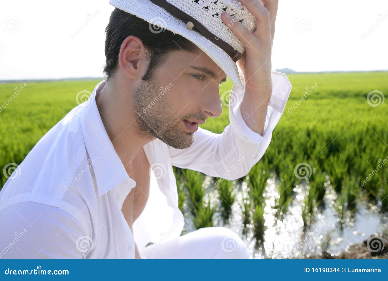 Mediterranean Man Portrait White Hat Inmeadow Stock Photo - Image of ...