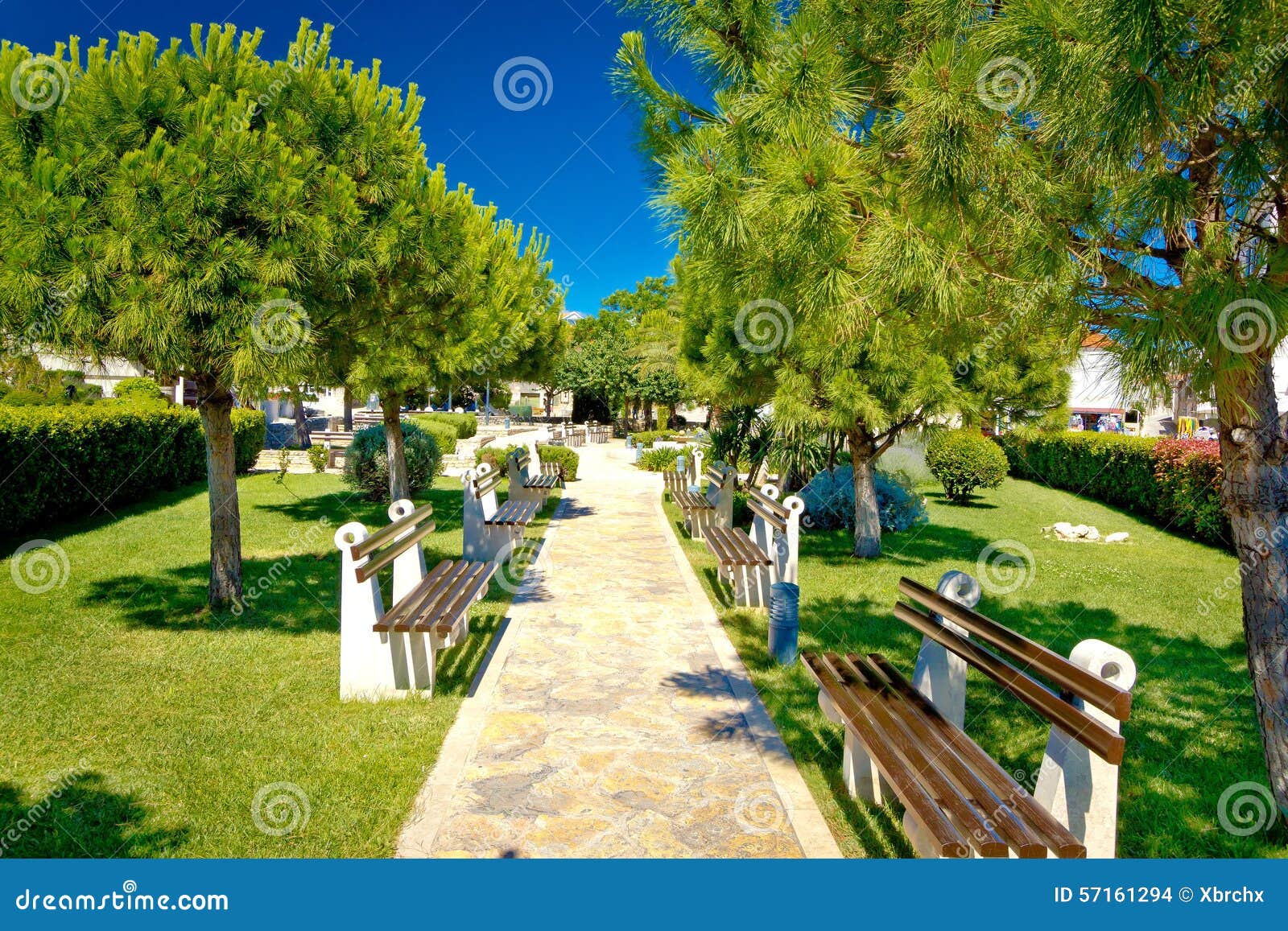 Mediterranean Park with Benches View Stock Photo - Image of plant ...