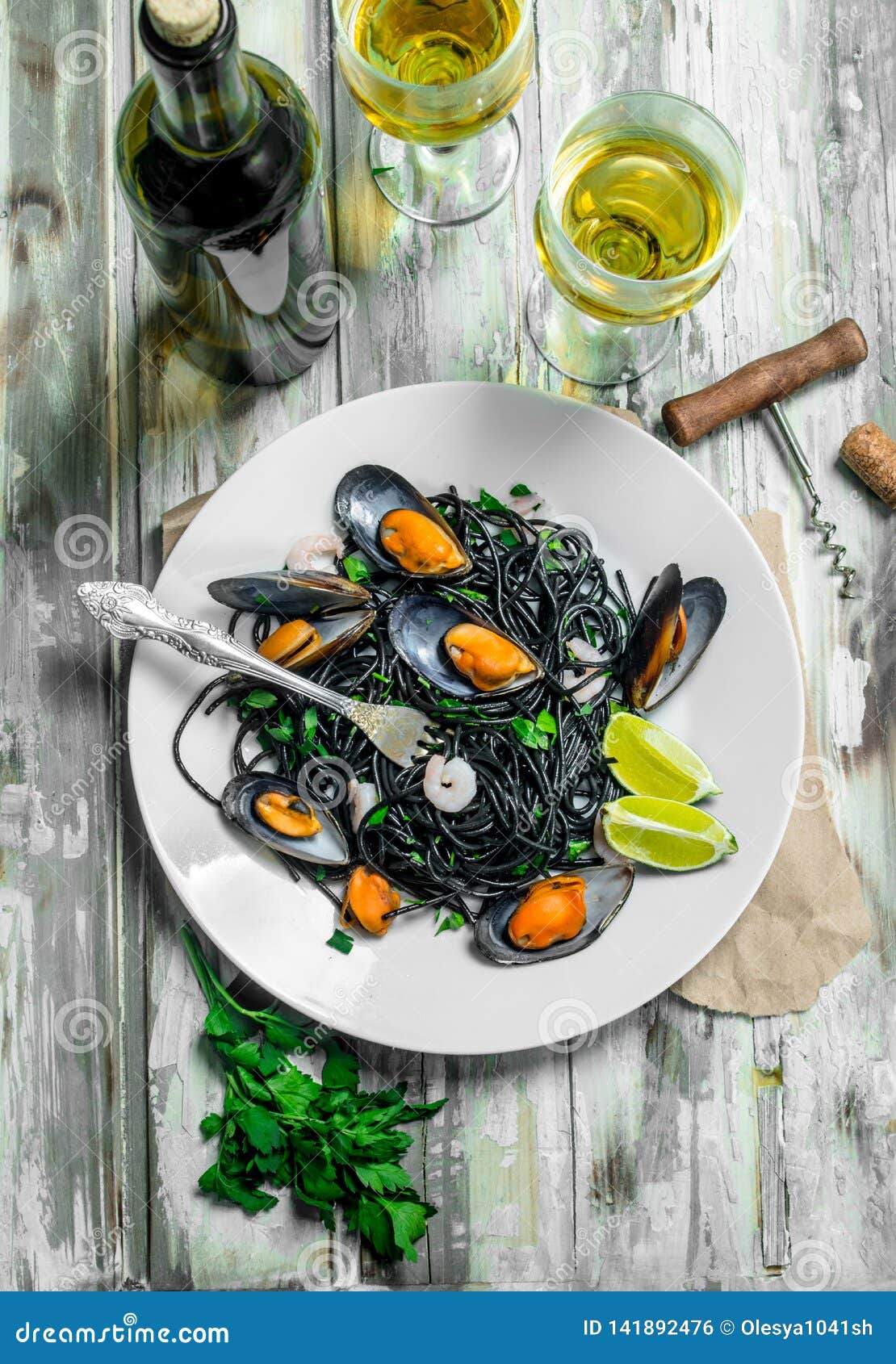Mediterranean Pasta. Spaghetti with Cuttlefish Ink, Clams and White ...