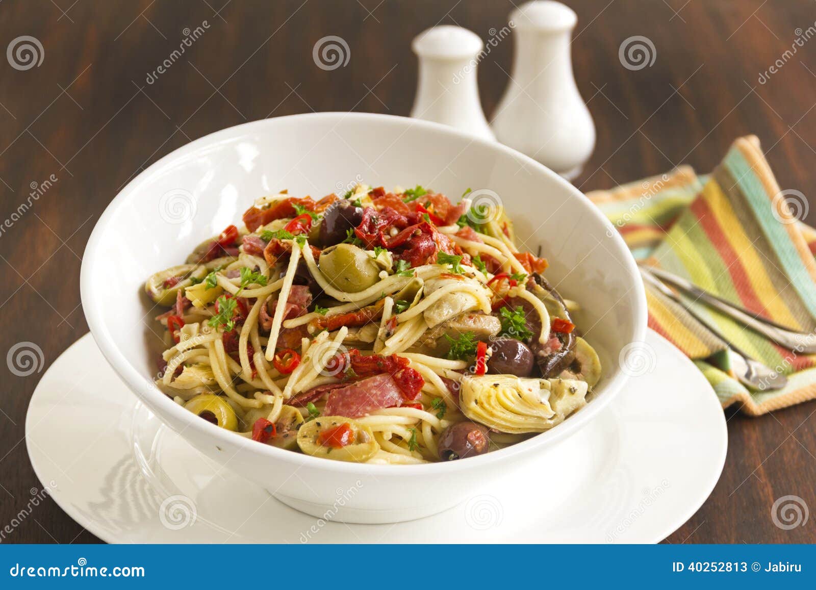 Mediterranean Salami Spaghetti Stock Image - Image of cooking, green ...