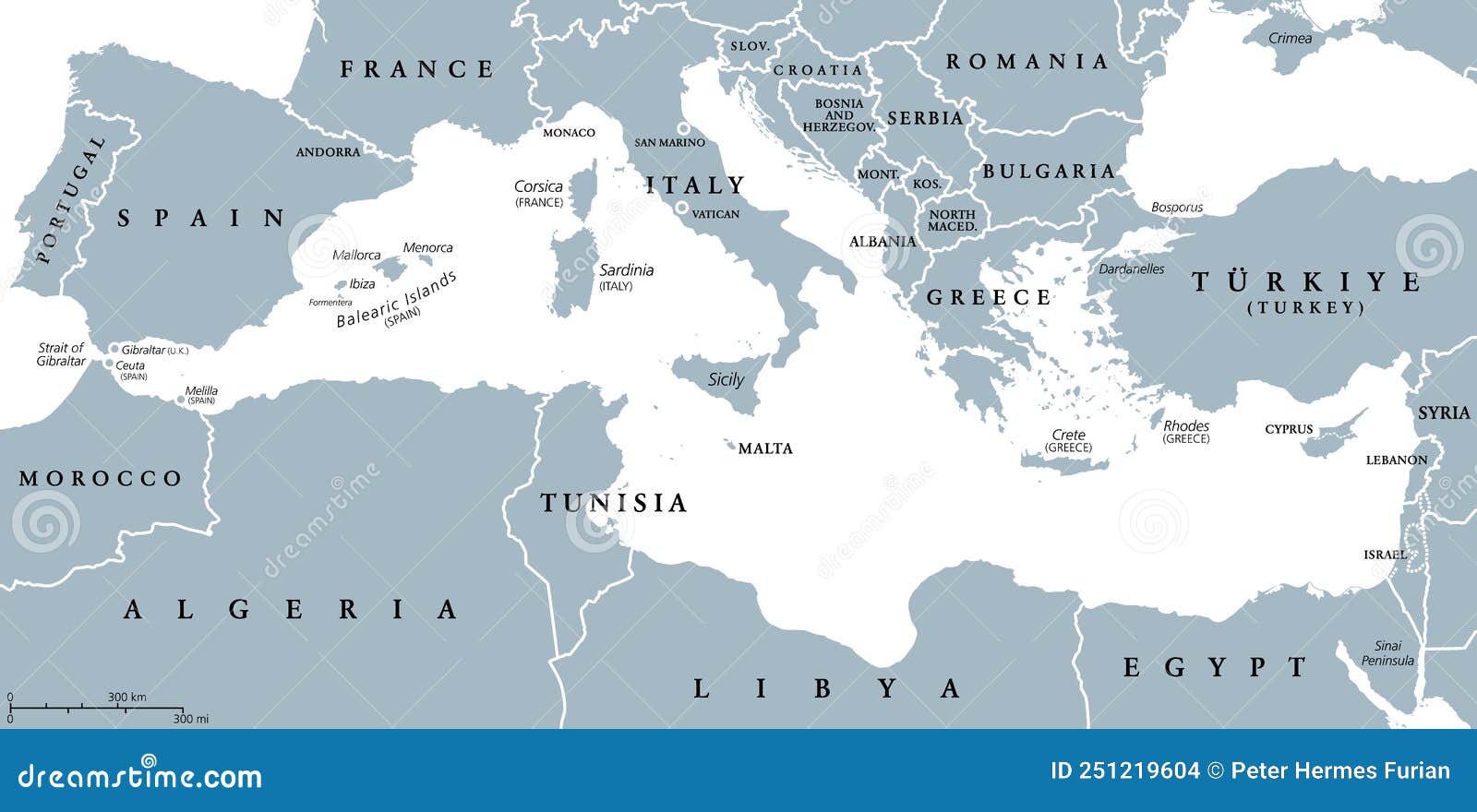 The Mediterranean Sea, Countries and Borders, Gray Political Map Stock ...