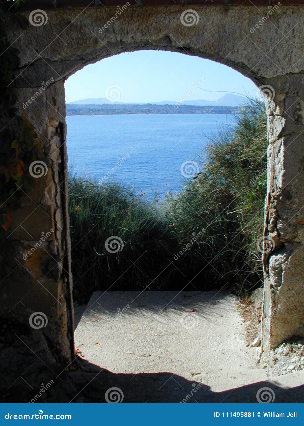 Mediterranean Sea Viewed through Archway from Courtyard Stock Image ...