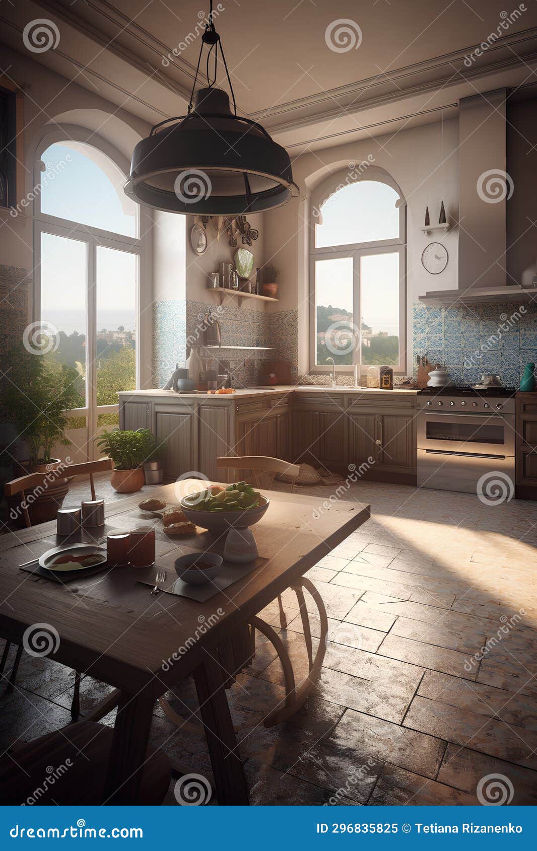 Mediterranean Style Kitchen Interior Lit with Sunlight Stock ...