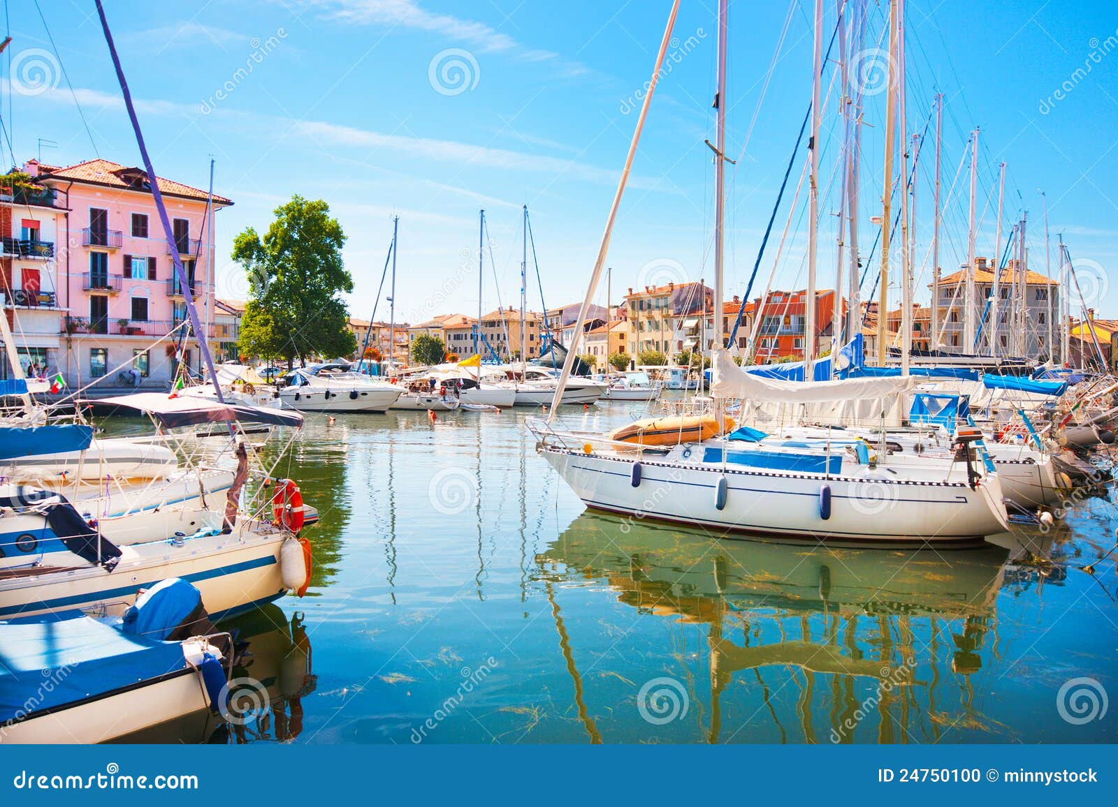 Mediterranean Summer Scene with Boats in Harbor Stock Photo - Image of ...