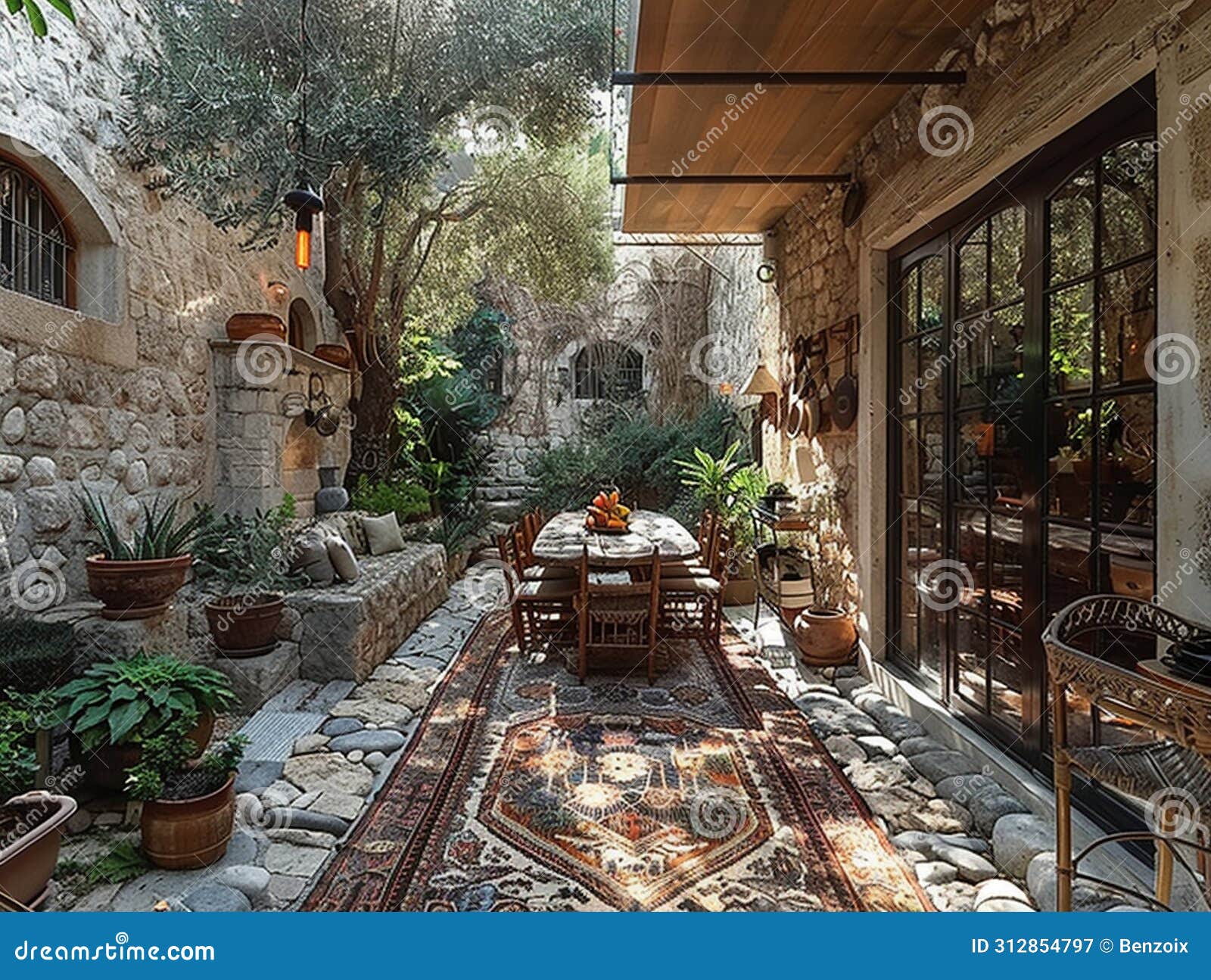 Mediterranean Terrace with Olive Trees and Wrought Iron Details Stock ...