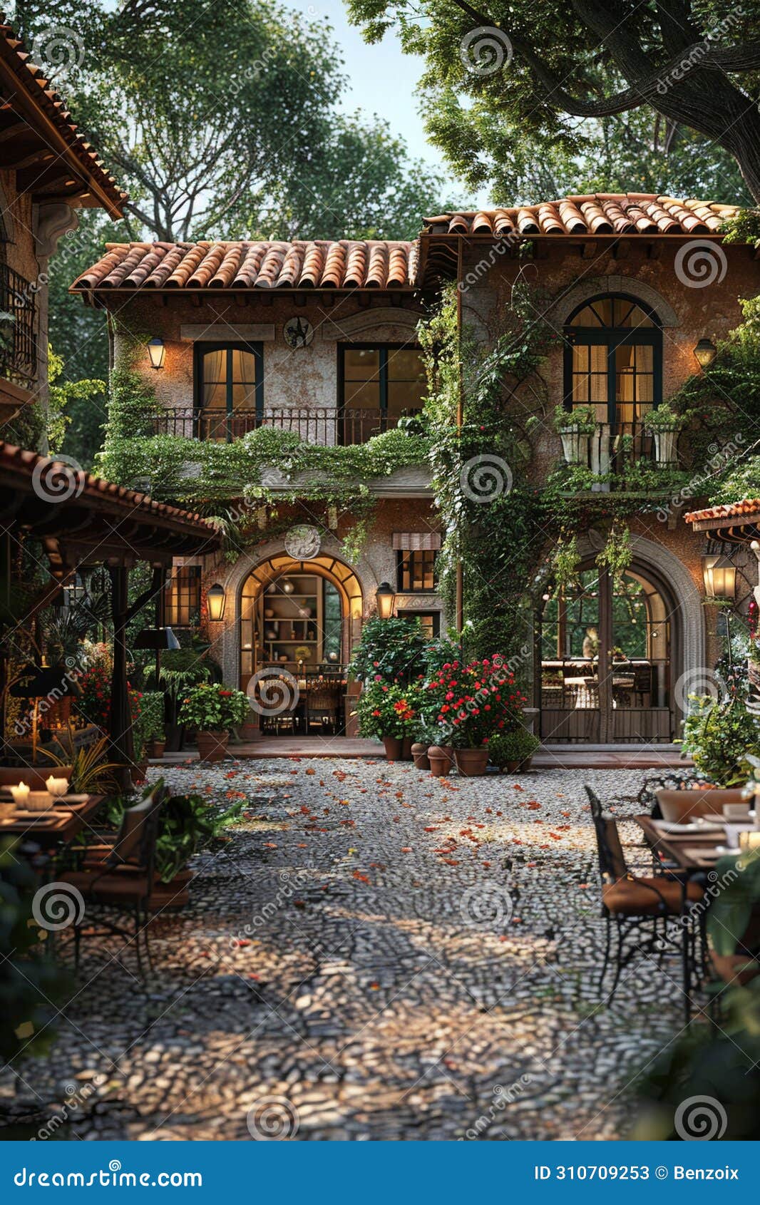 Mediterranean Terrace with Olive Trees and Wrought Iron Details3D ...