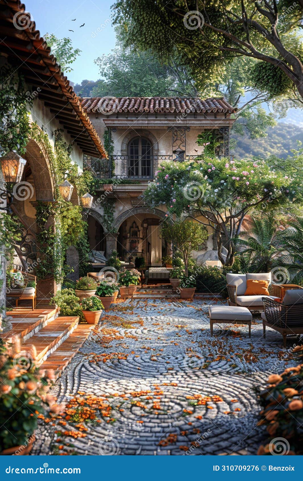 Mediterranean Terrace with Olive Trees and Wrought Iron Details3D ...