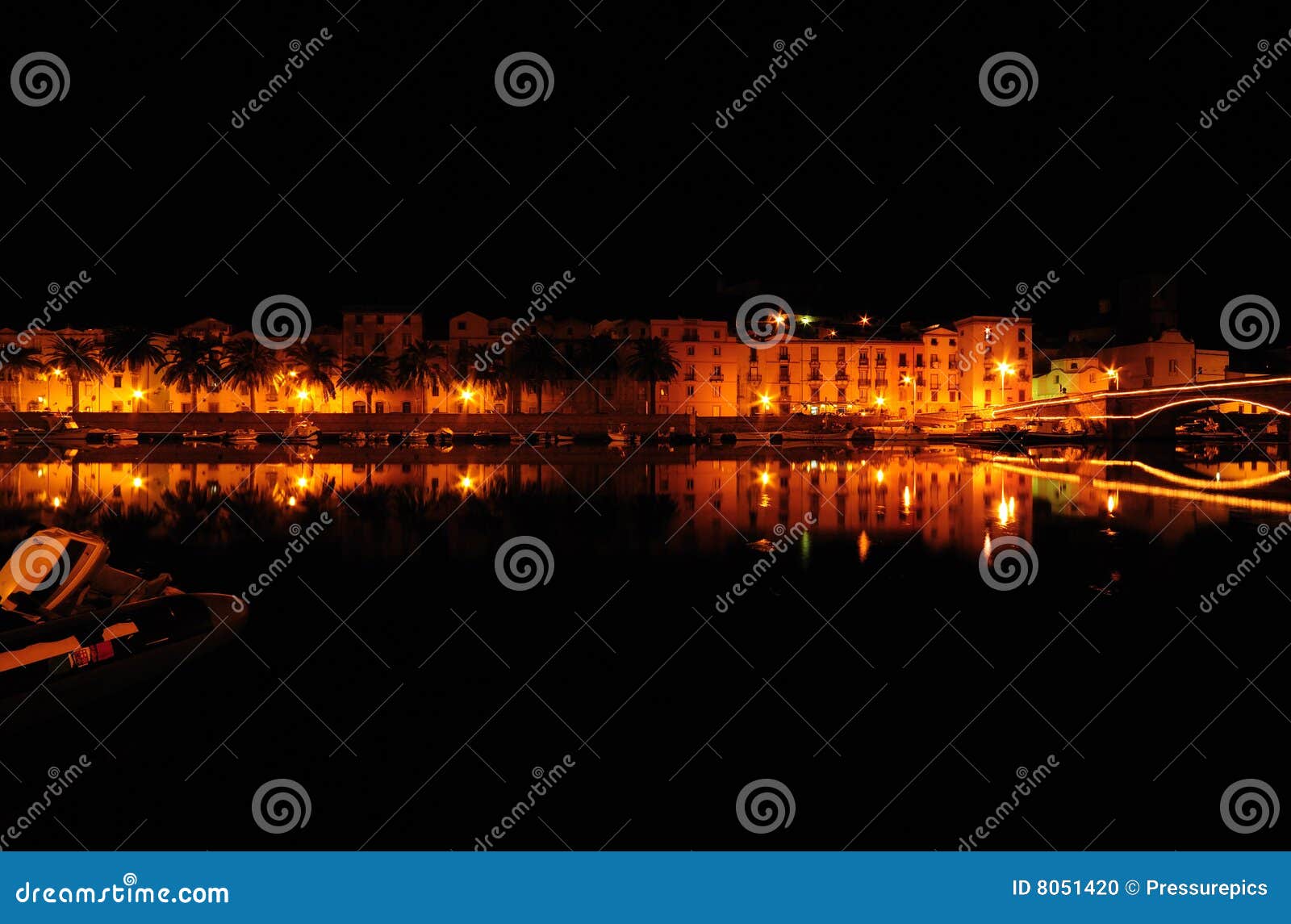 Mediterranean Town Along River Bank At Night. Picture Image: 8051420