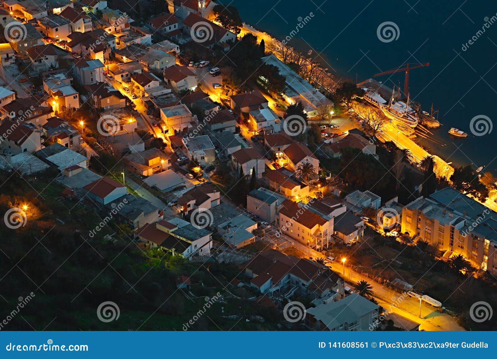 Mediterranean Town at Night Stock Image - Image of night, hillside ...