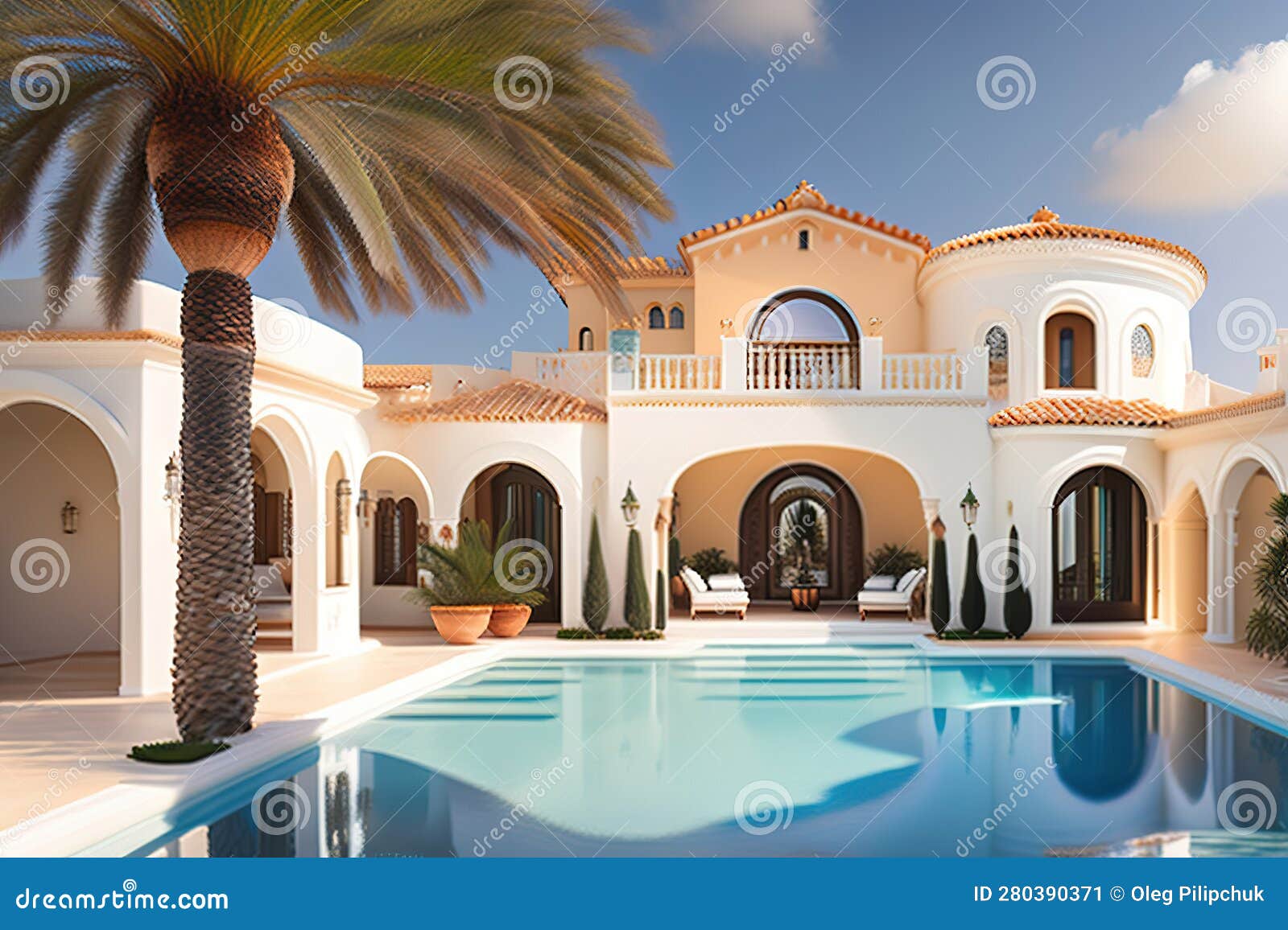Mediterranean White Villa with Palm Trees and Pool, Ai Generated Stock ...