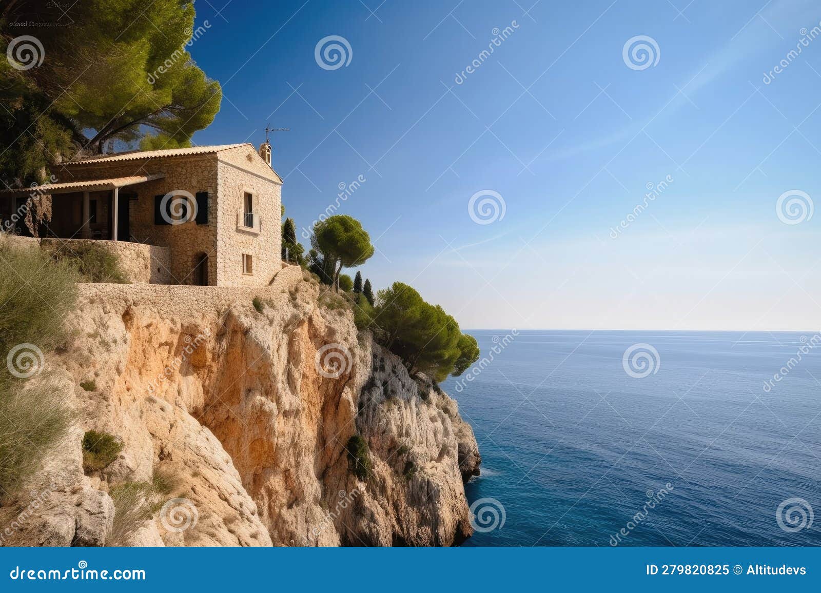 Mediterrenean House on Cliff Side, Overlooking the Sea Stock Image ...