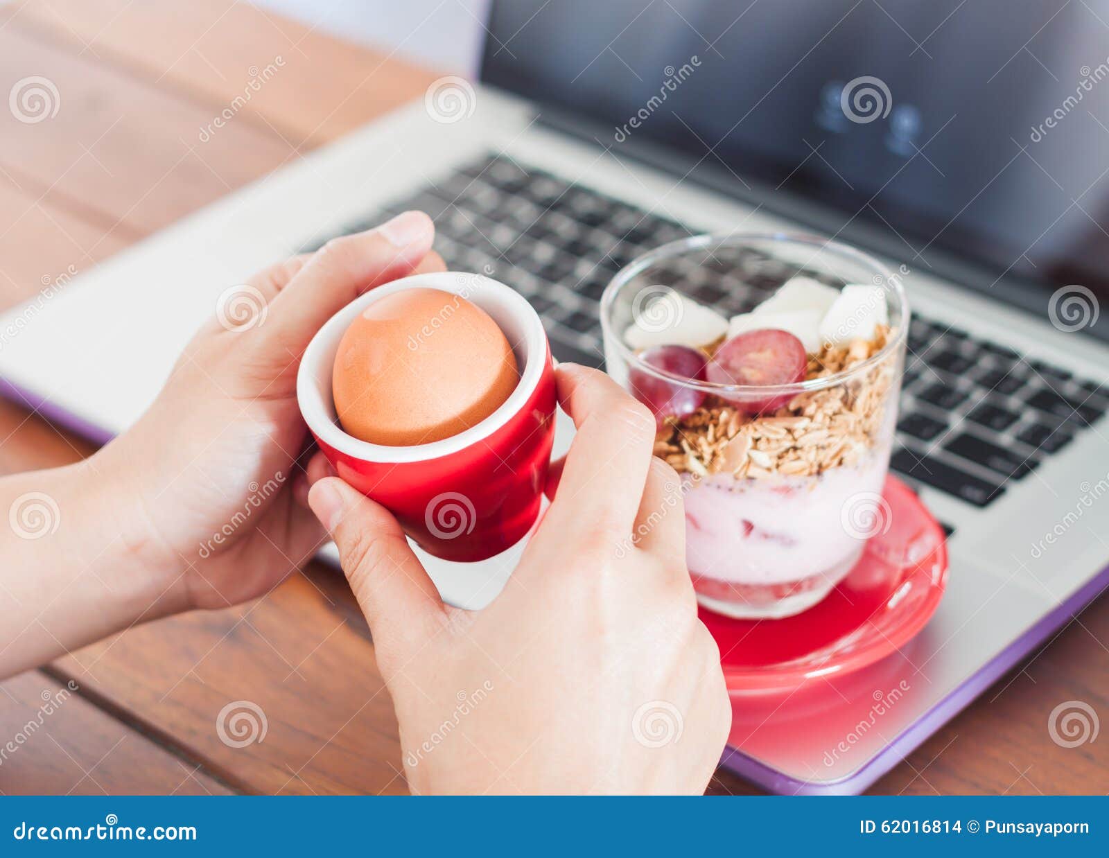 Medium Boiled Egg Breakfast with Granola on Work Station Stock Photo ...