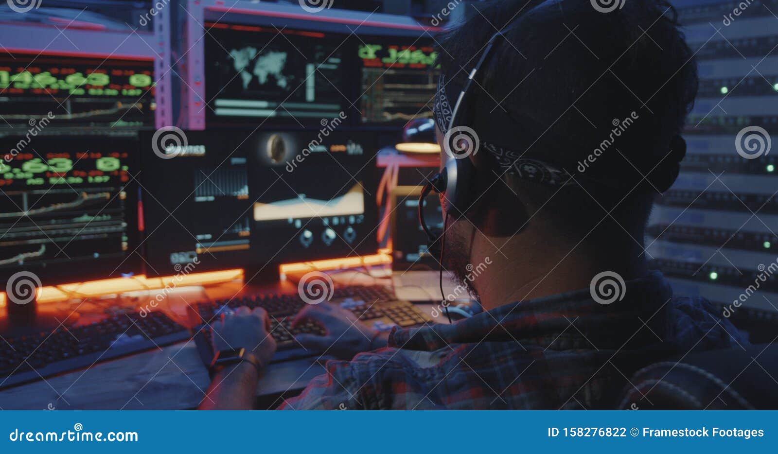Hacker Using Computer with Multiple Monitors Stock Photo - Image of criminal, phishing: 158276822