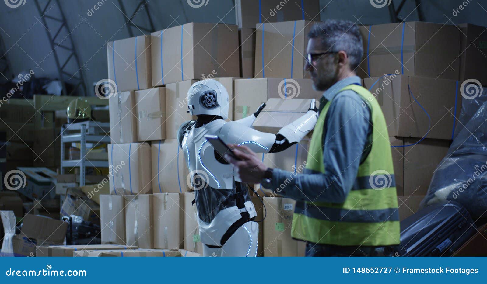Man Watching Robot Working in a Warehouse Stock Image - Image of adult ...