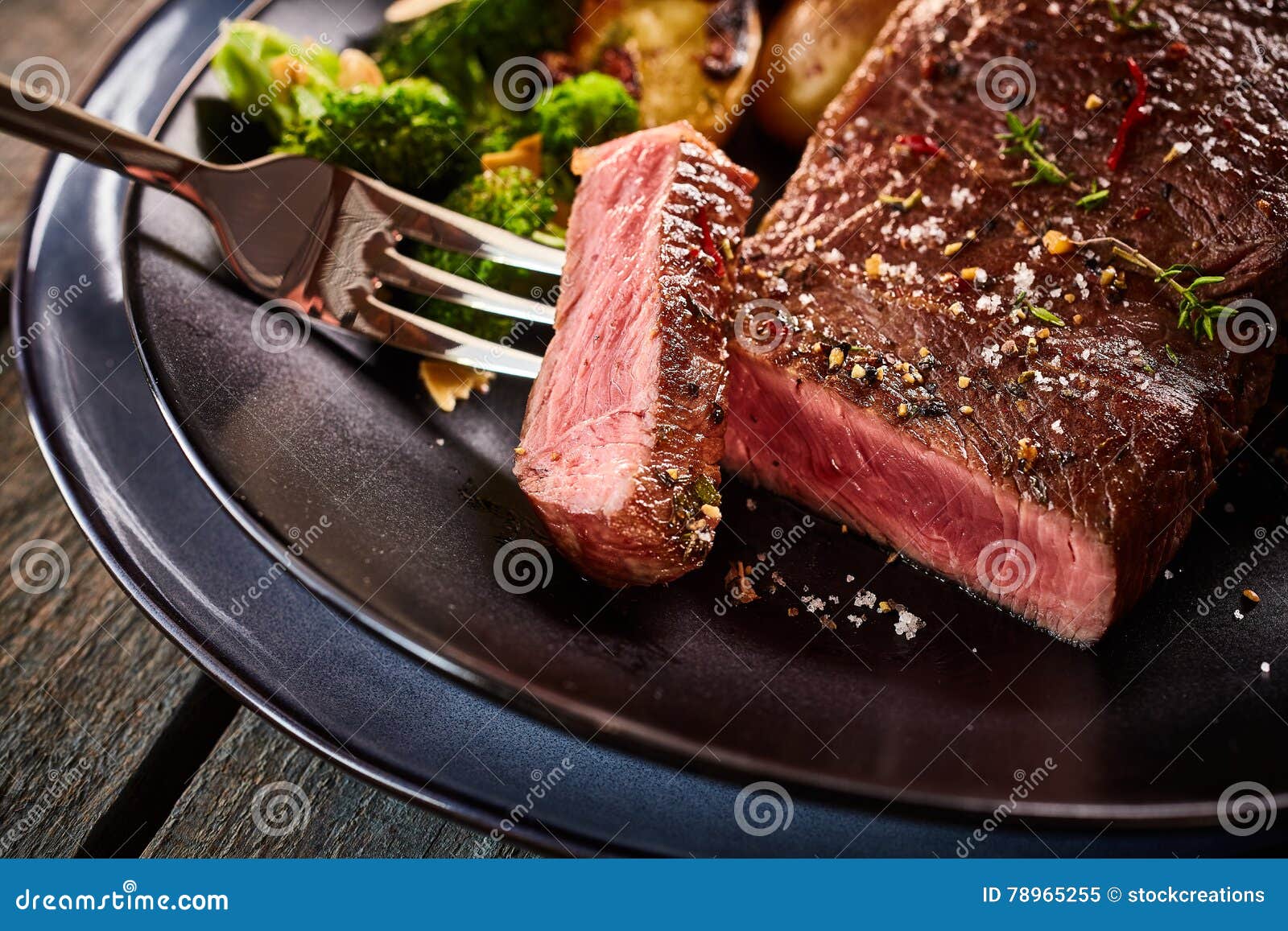 Medium Rare Cut of Beef Steak on Fork in Plate Stock Image - Image of ...