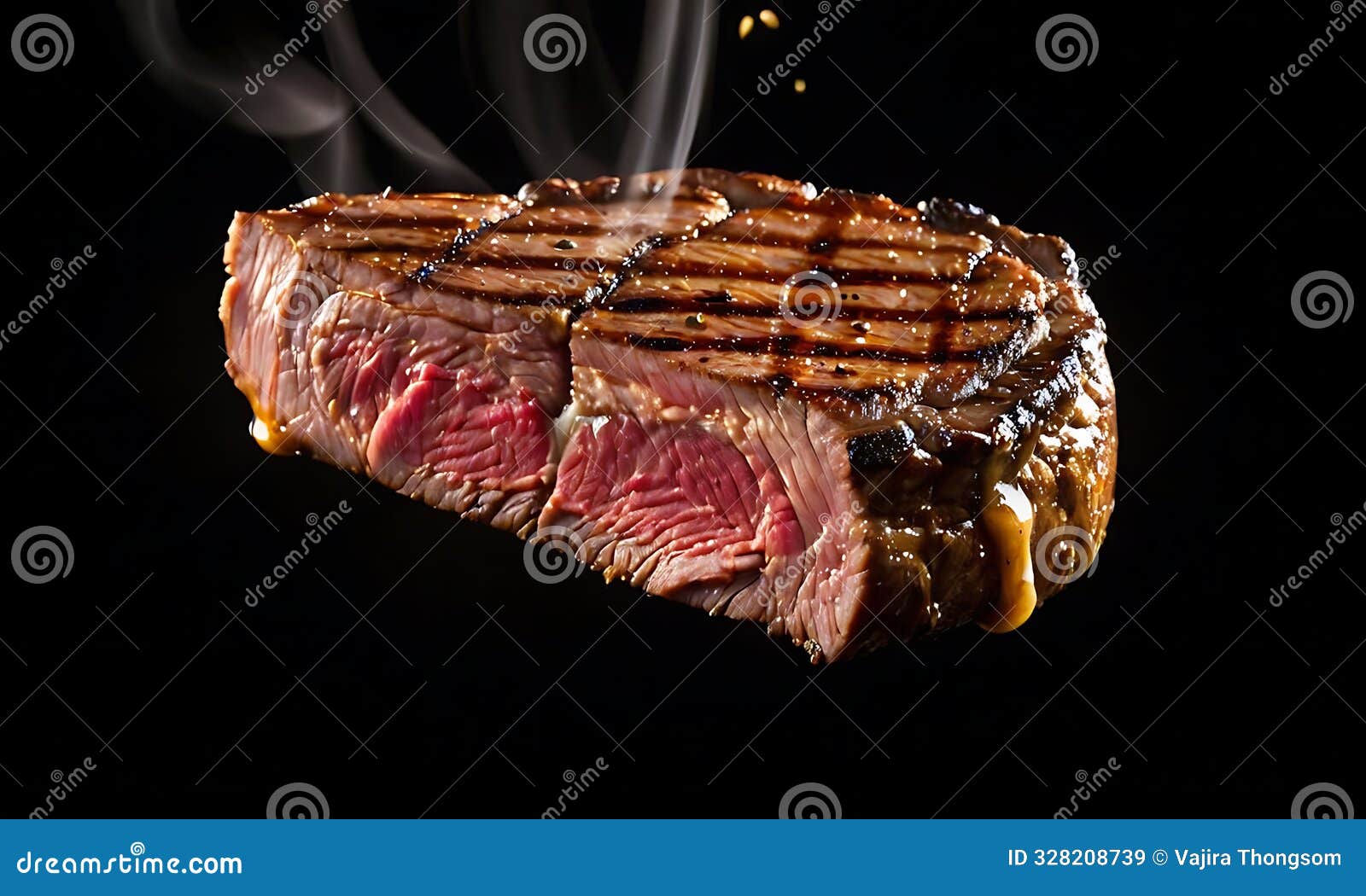 Medium Rare Grilled Beef Ribeye Steak are Captured in Mid-air Stock ...