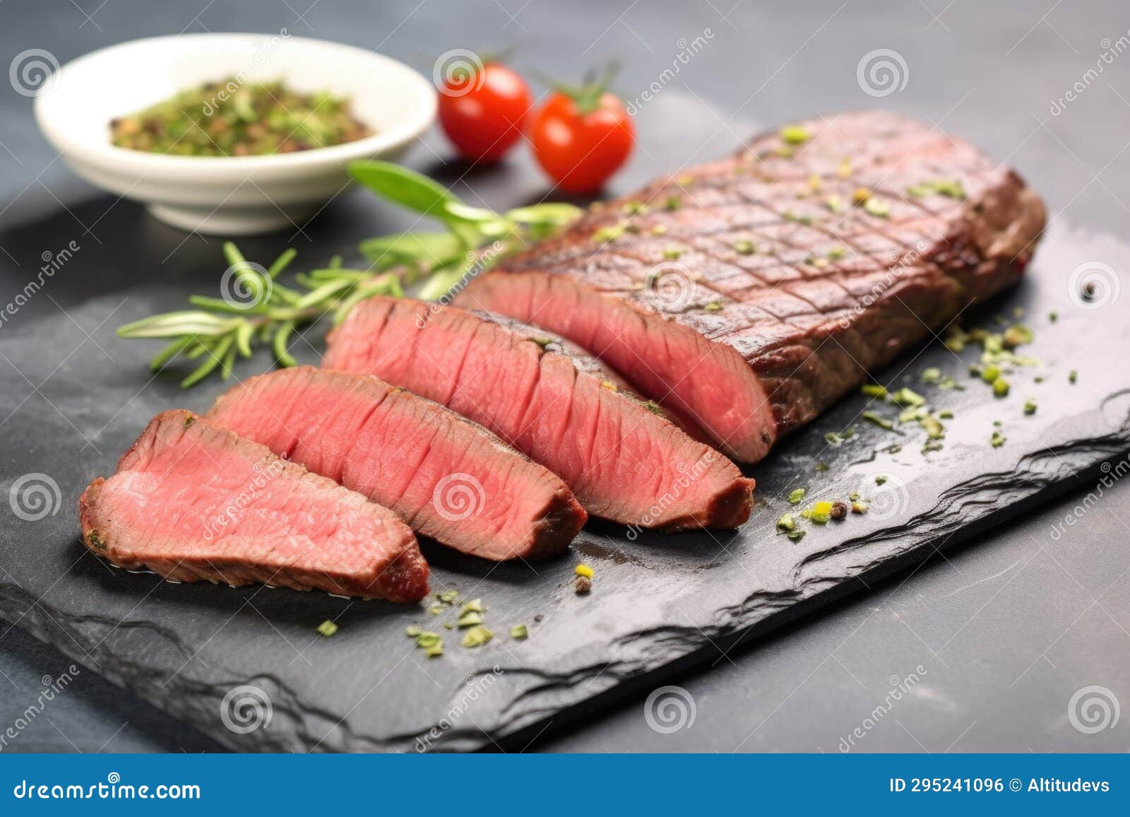 Medium Rare Herb Rub Steak, Sliced, on Grey Stone Dish Stock Photo ...
