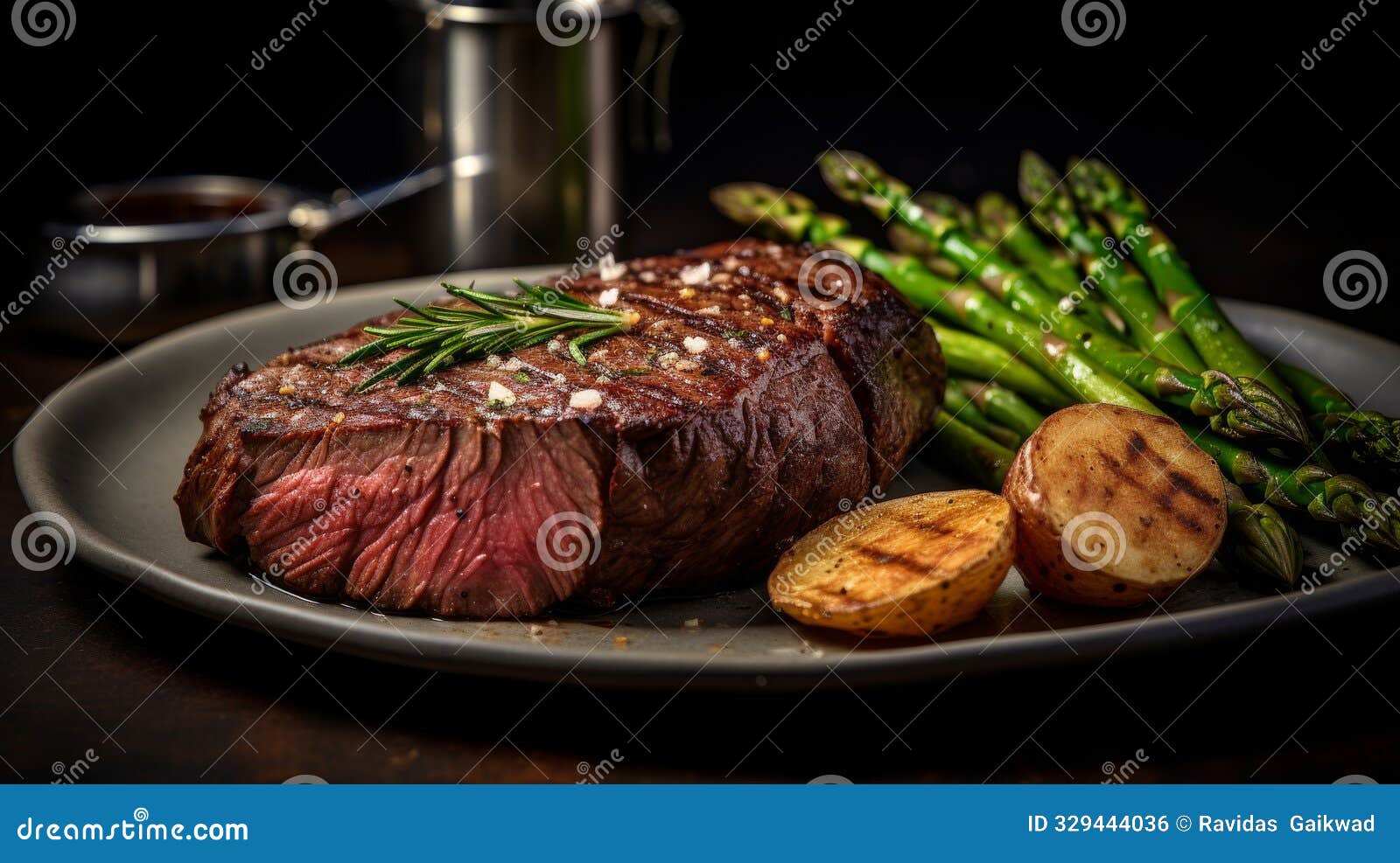 Rare Steak Being Cooked On An Iron Grill, Flam Broiled Stock ...