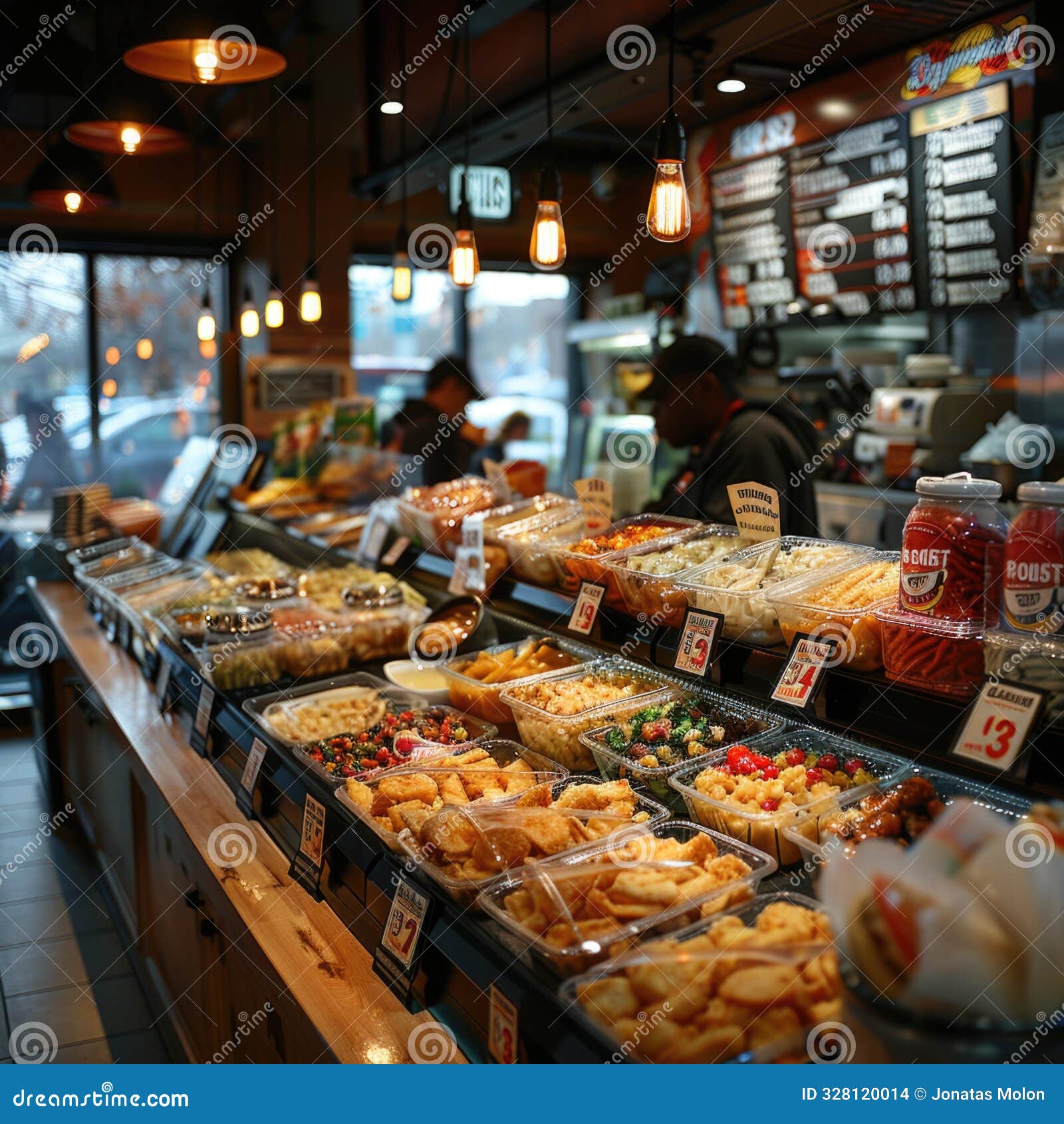 Medium Shot of Busy Stadium Concession Stand with Blank Menu Board ...