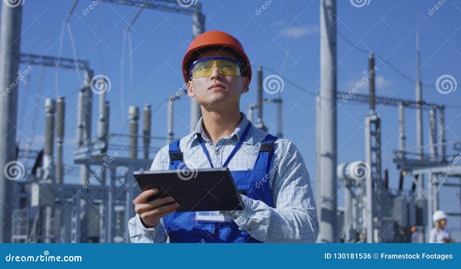 Electrical Worker on a Tablet Outside Stock Photo - Image of ...