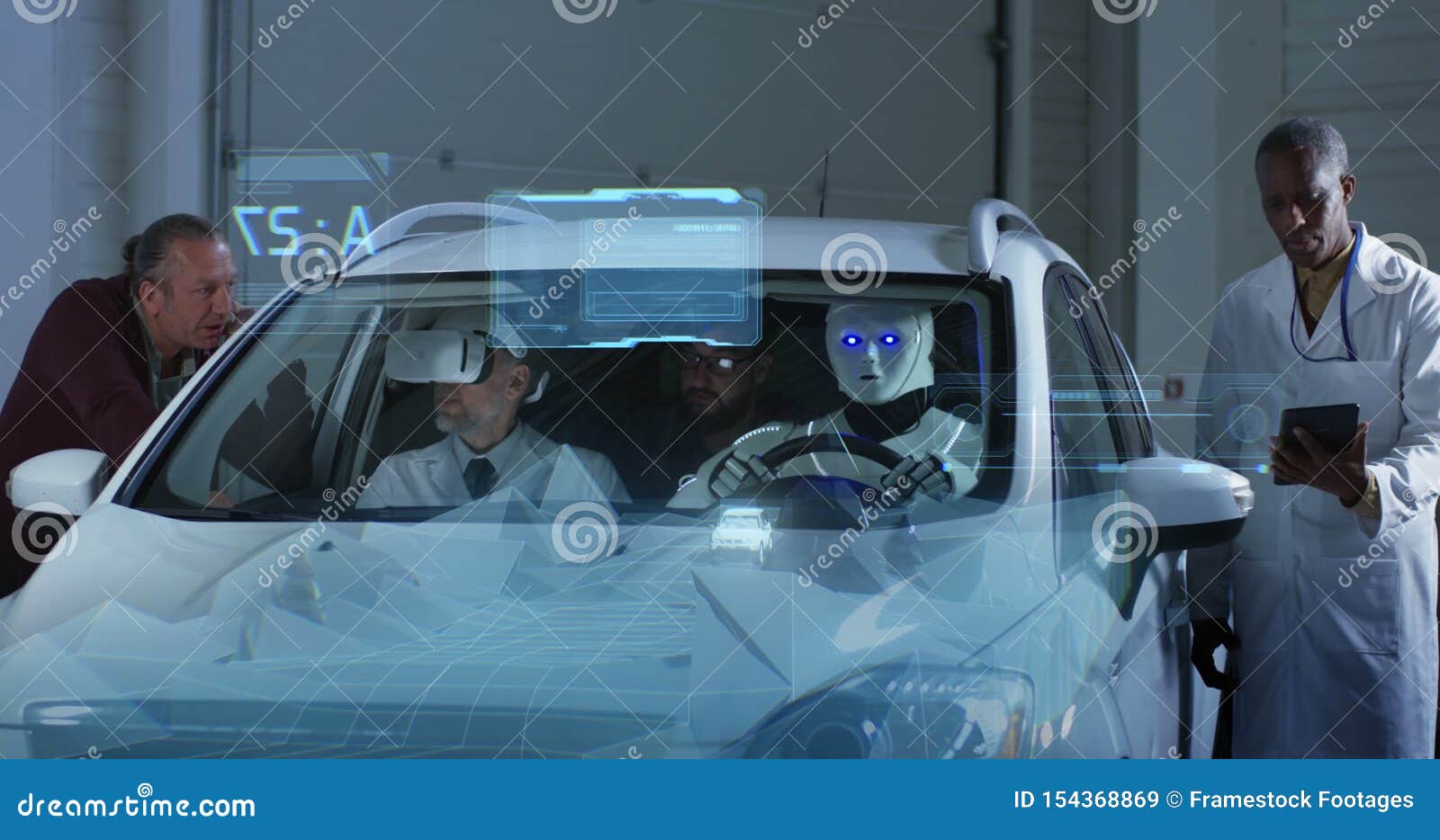 Scientists Testing a Car Driving Robot Stock Video - Video of male ...