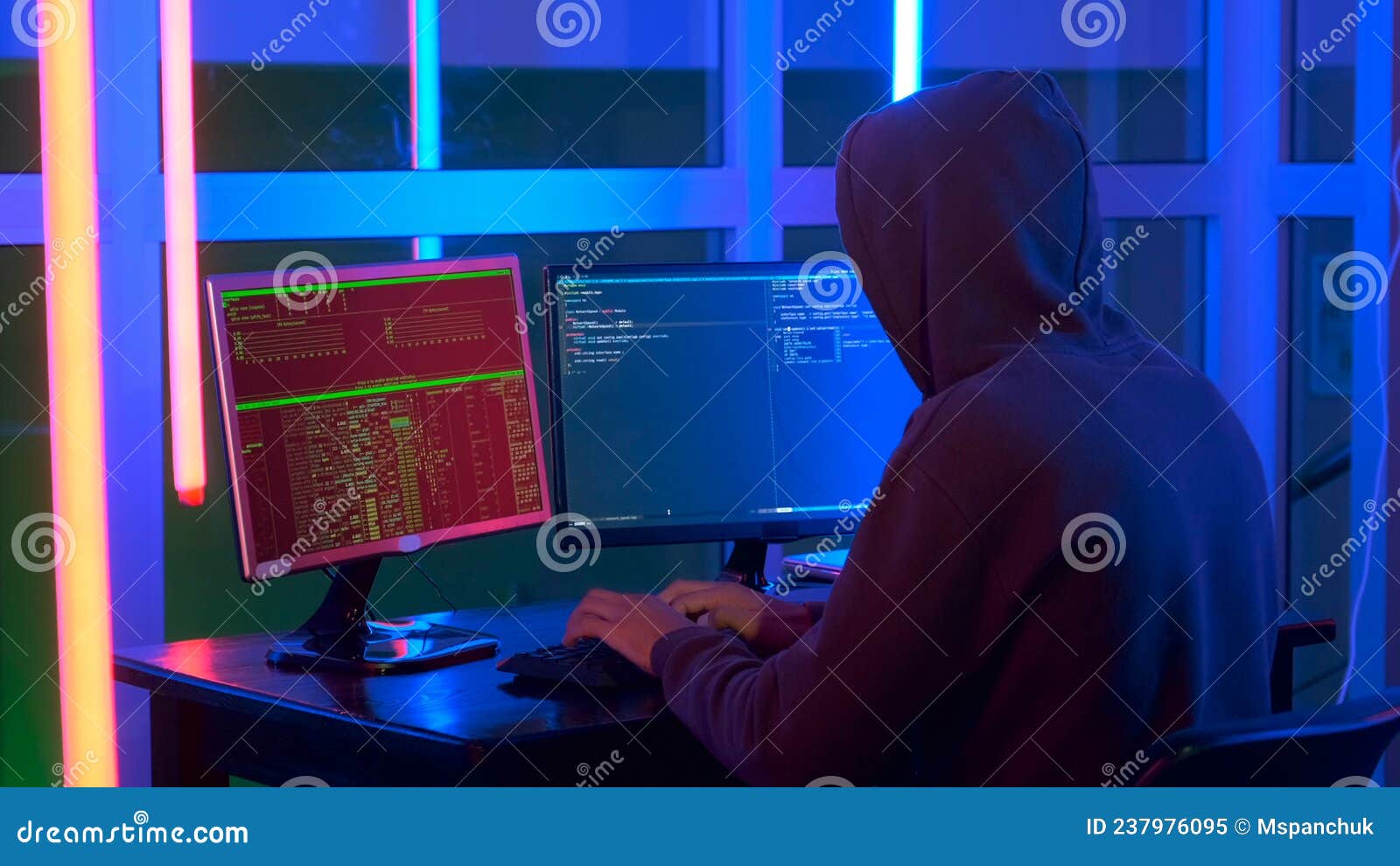 Medium Shot of Hacker Dressed in a Dark Close Working on Computer ...