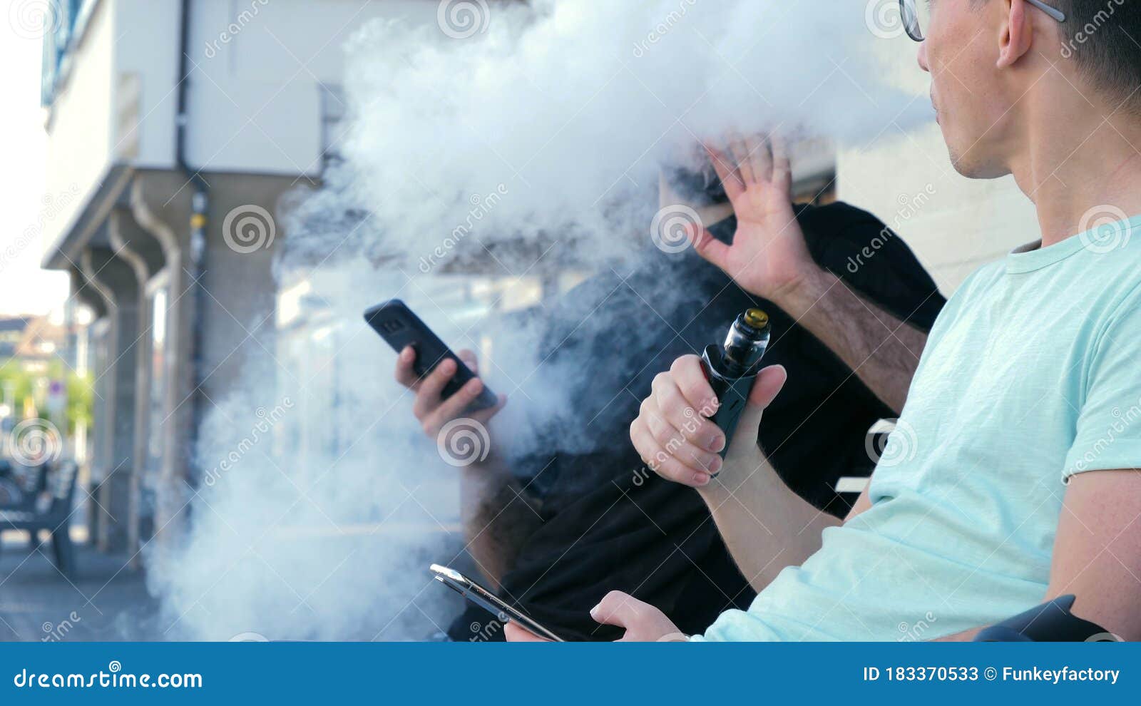 Man Reacts Laughing on a Smoke from Vape. Stock Image - Image of smoke ...