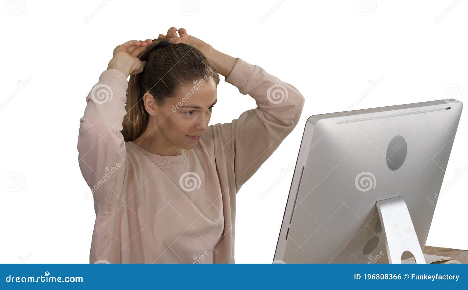 Office Lady in Pink Pullover with a Pony Tail Hair Working on Computer ...