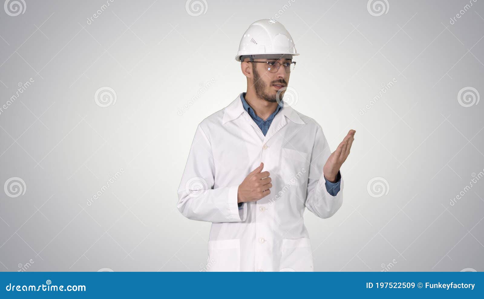 Scientist in White Robe and Helmet Presenting Pointing To Side W Stock ...
