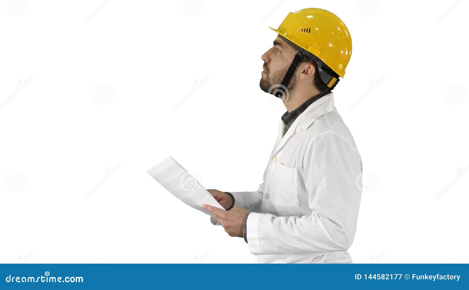 Contractor Engineer Walking with Papers and Checking Arround on White ...