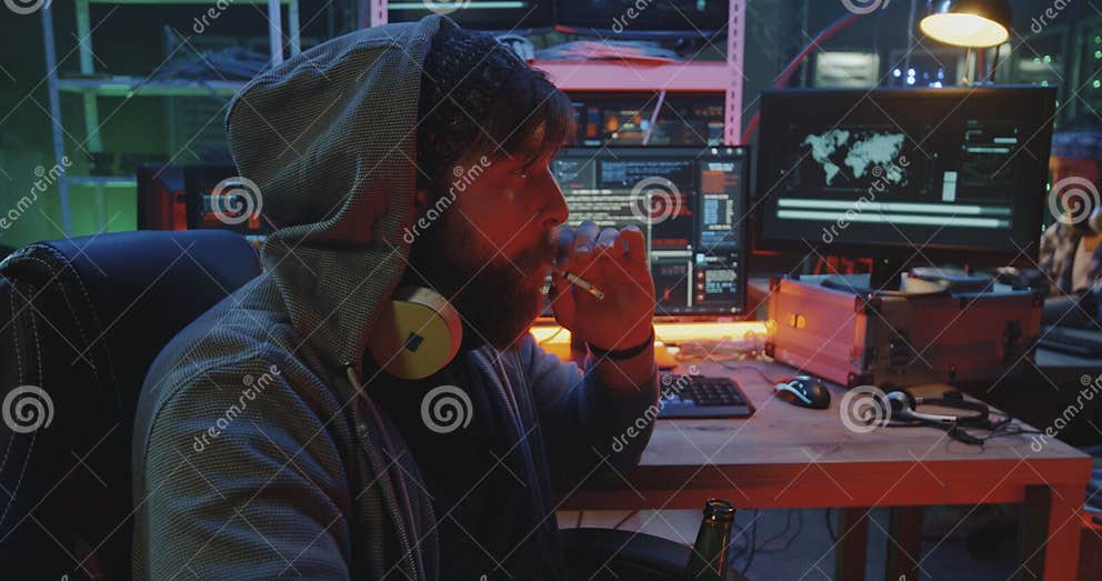 Hacker Smoking and Drinking Beer Stock Image - Image of cigarette ...